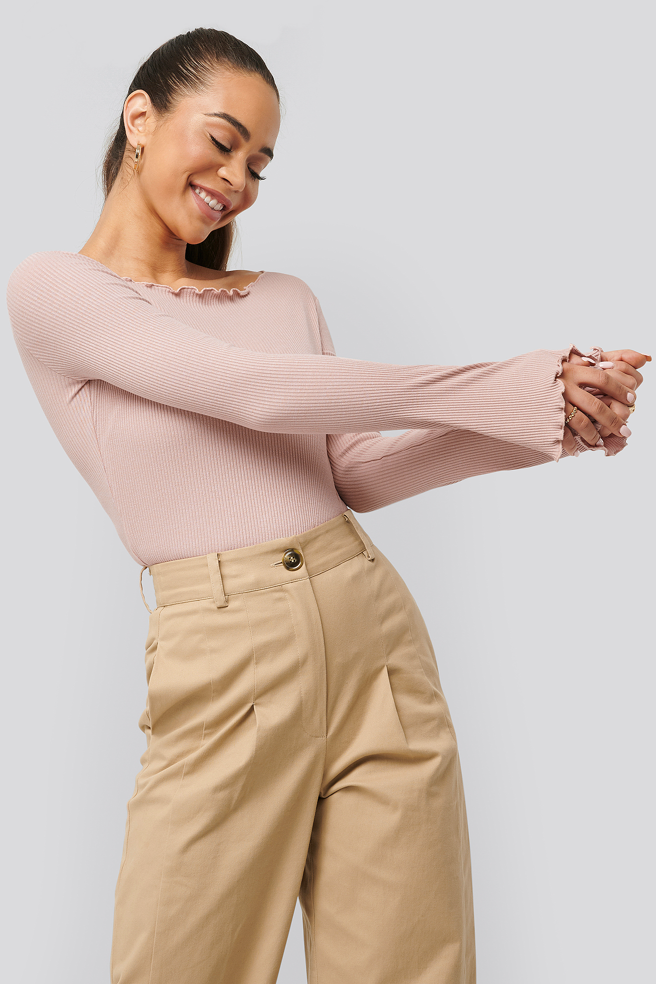 Flared Sleeve Boat Neck Rib Top Rose | NA-KD