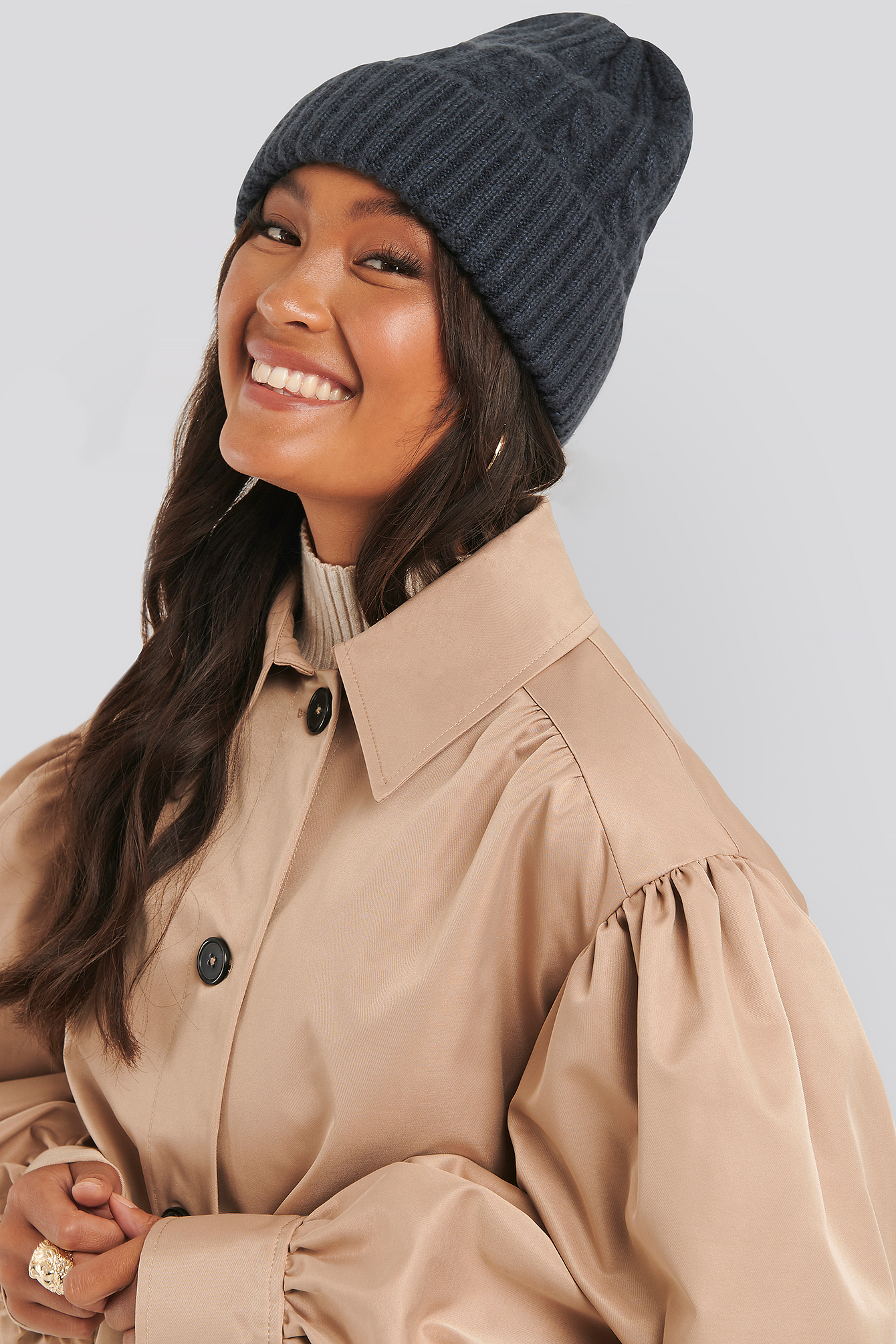 Folded Cableknit Beanie Blue | NA-KD