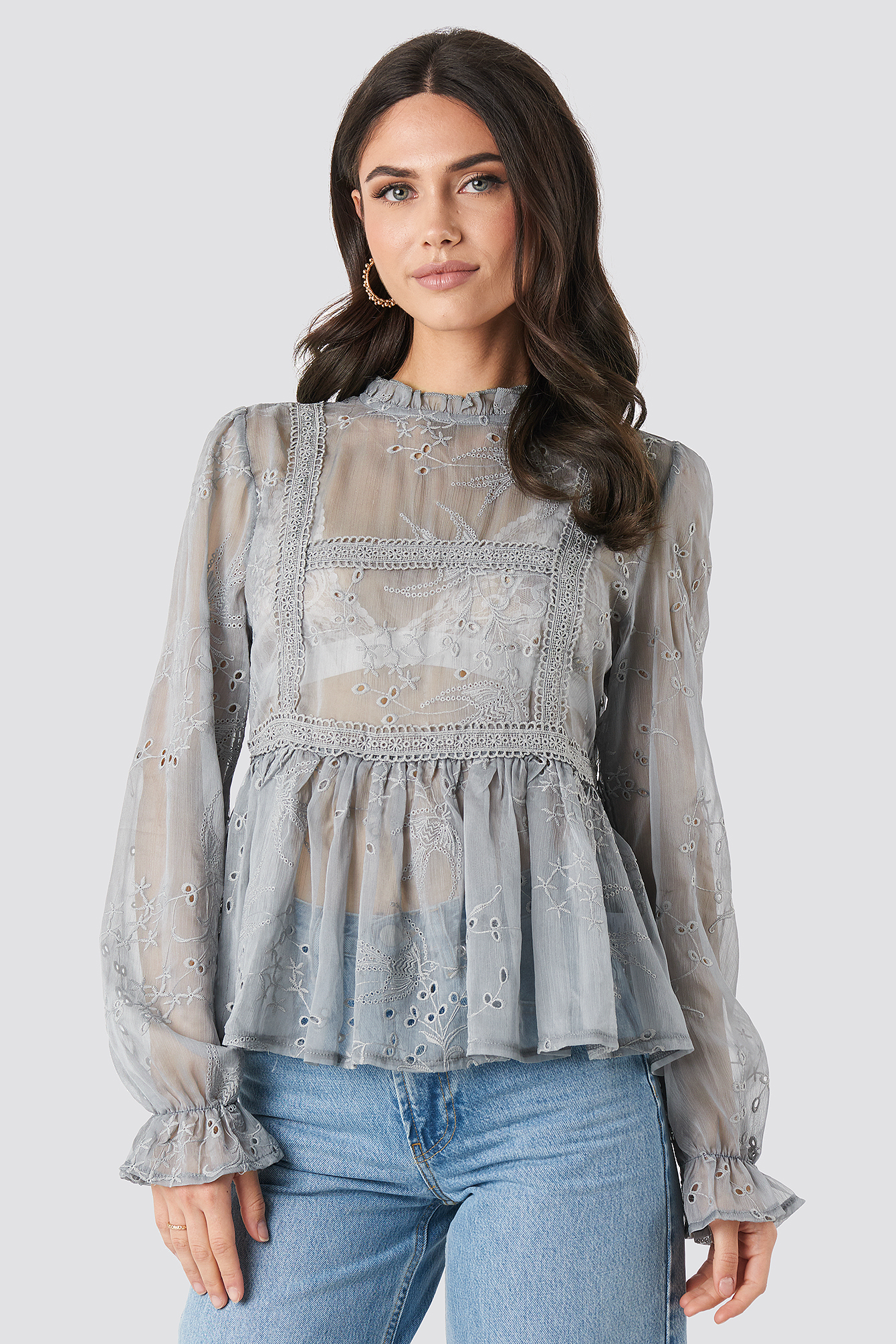 Frill Neck Embroidery Blouse Blue | NA-KD