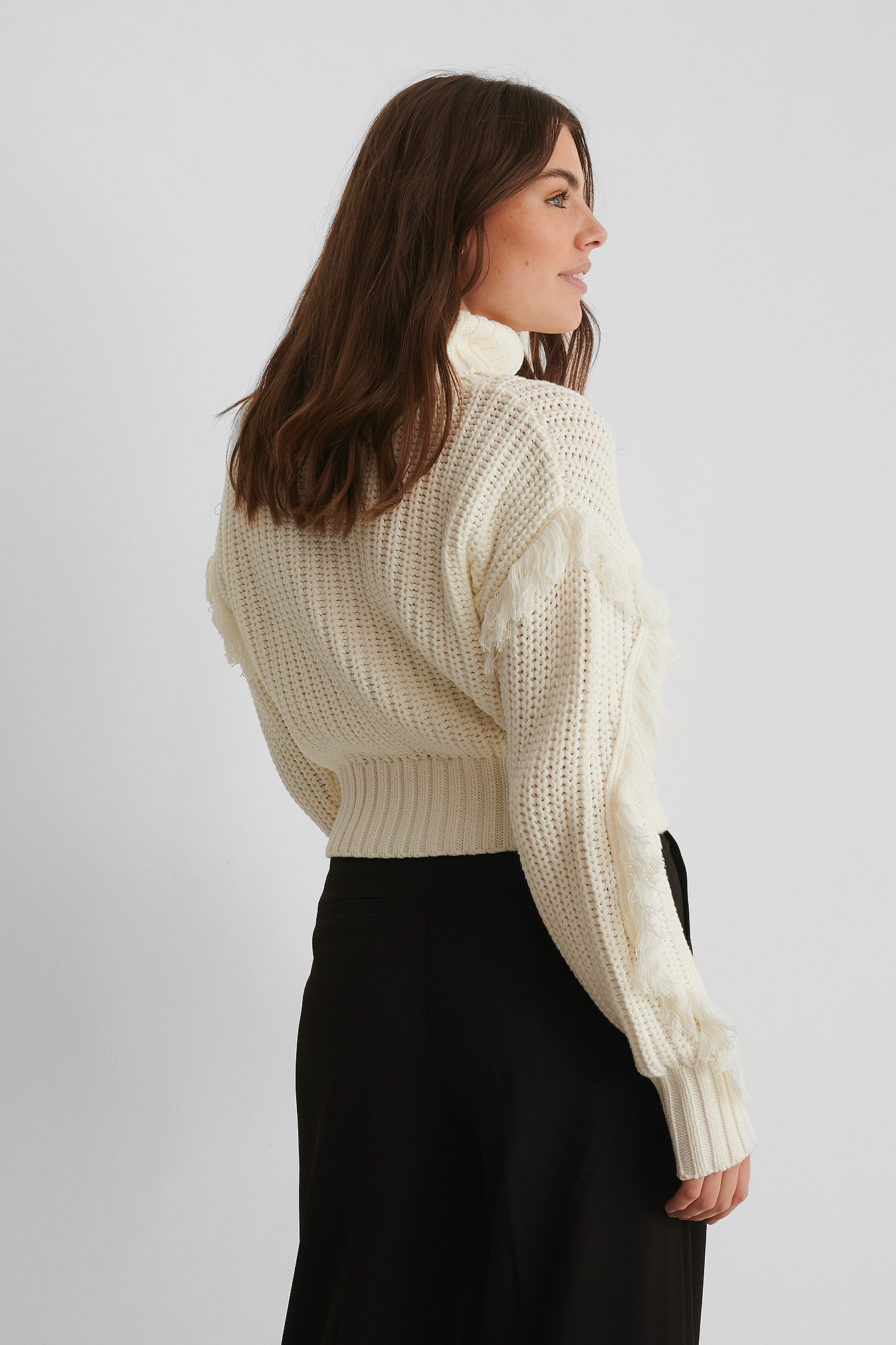 Organic Fringed Detail High Neck Knitted Sweater Offwhite | na-kd.com