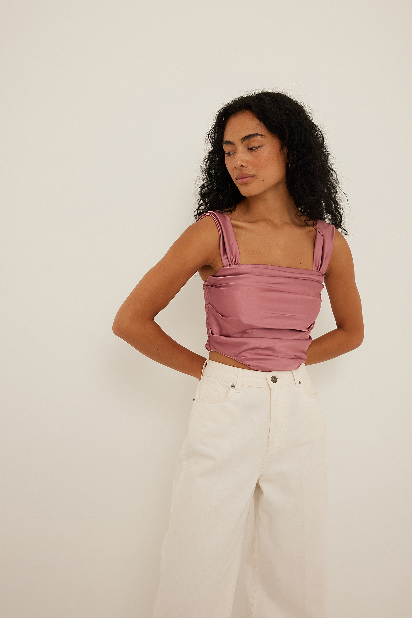 Gathered front Satin Cropped Top Pink | NA-KD