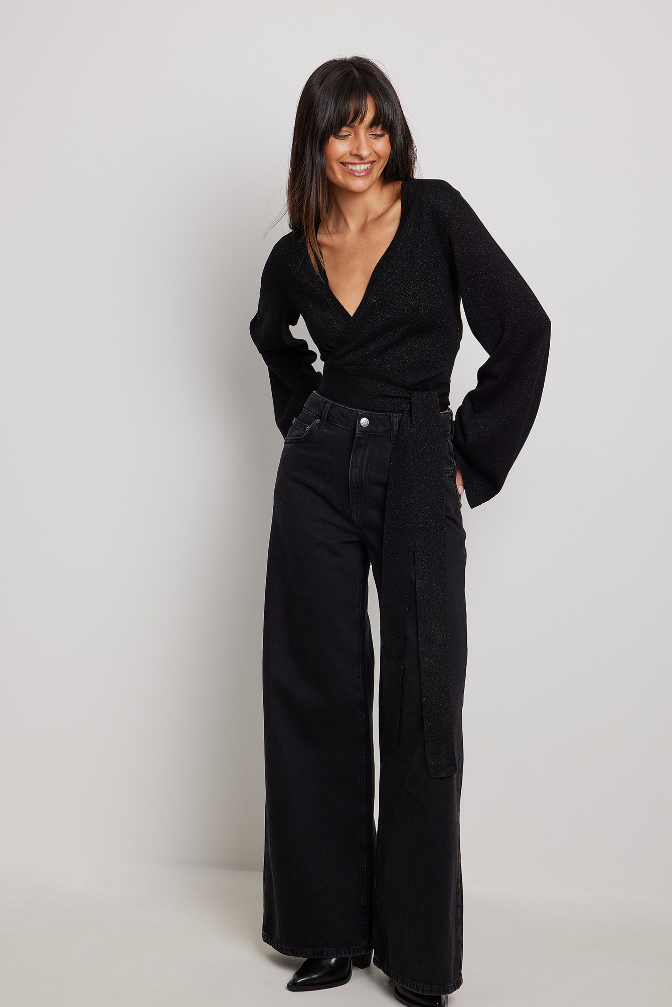 Glitter Knitted Wrap Top Black | NA-KD