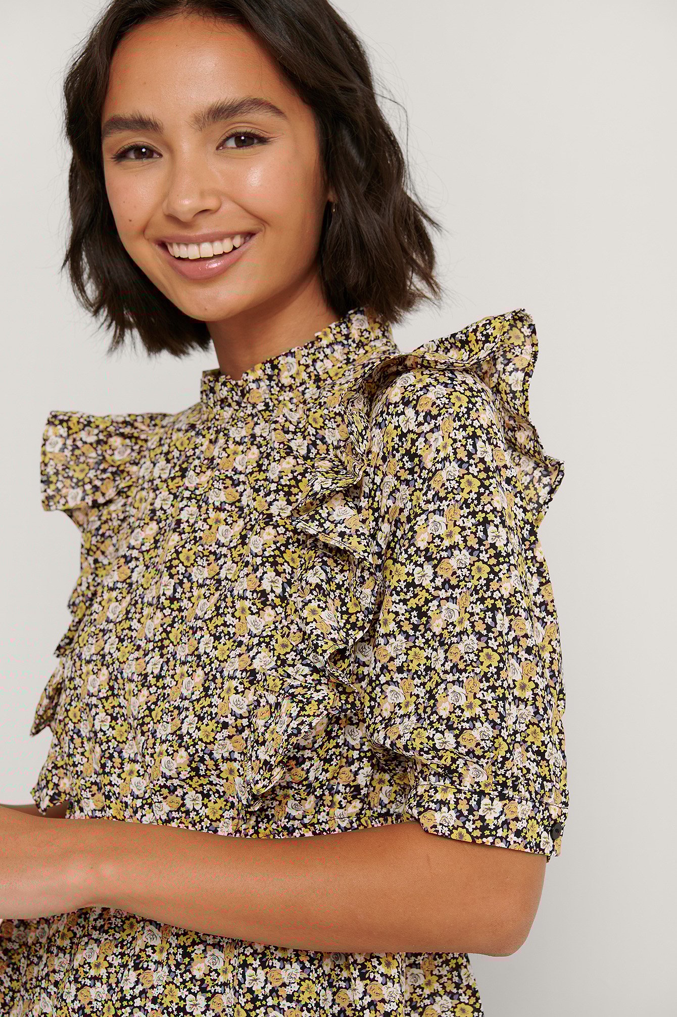 Recycled Long Sleeve Smock Waist Frill Top Pink | na-kd.com