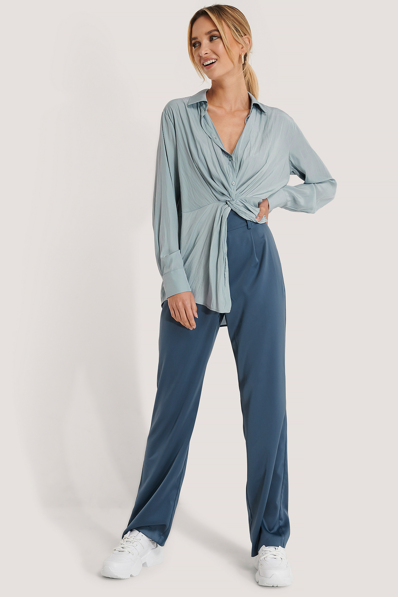 High Rise Satin Pants Blue | NA-KD