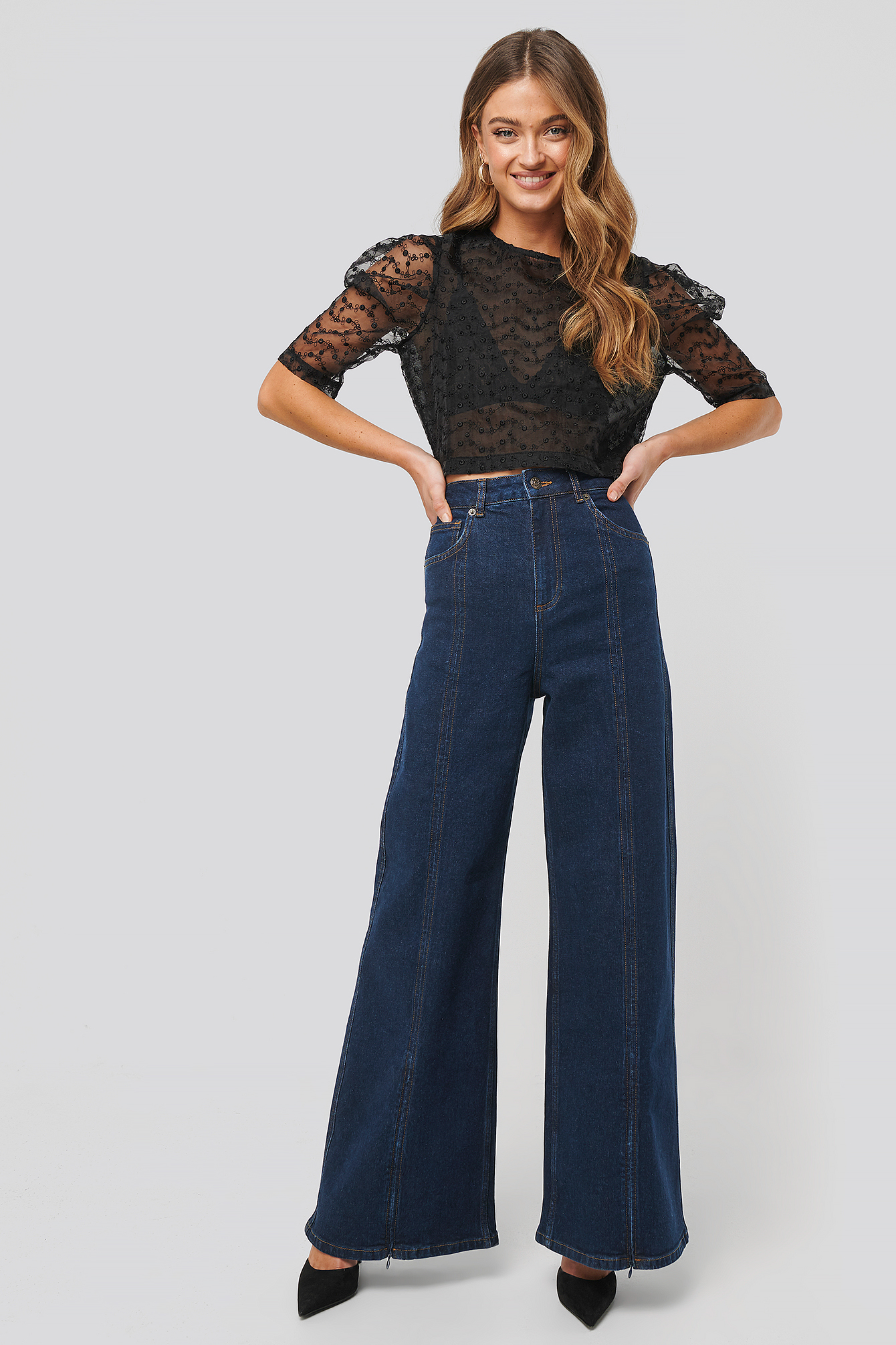 High Waist Front Slit Super Wide Jeans Blå | NA-KD