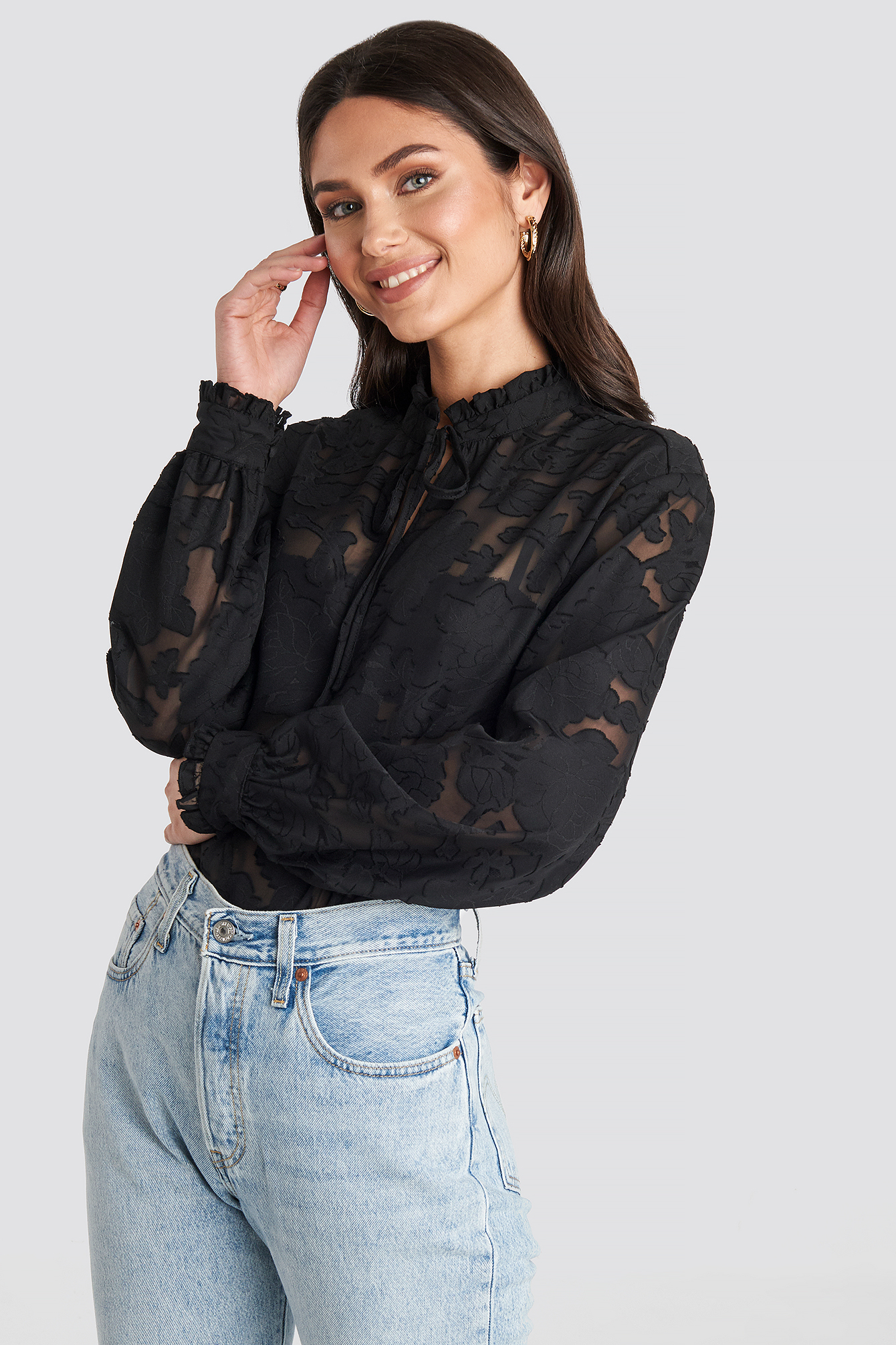 Jacquard Flower Frill Neck Blouse Black | NA-KD