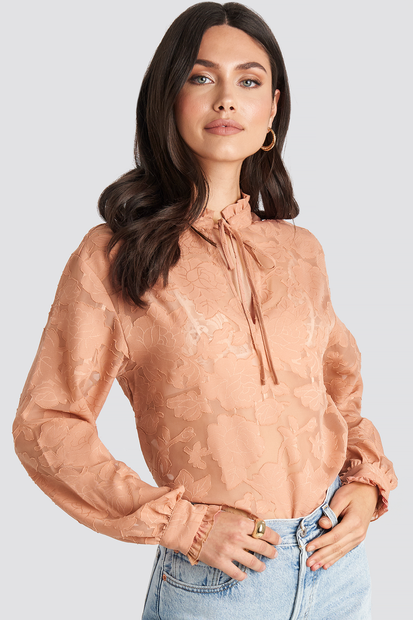 Jacquard Flower Frill Neck Blouse Pink | NA-KD