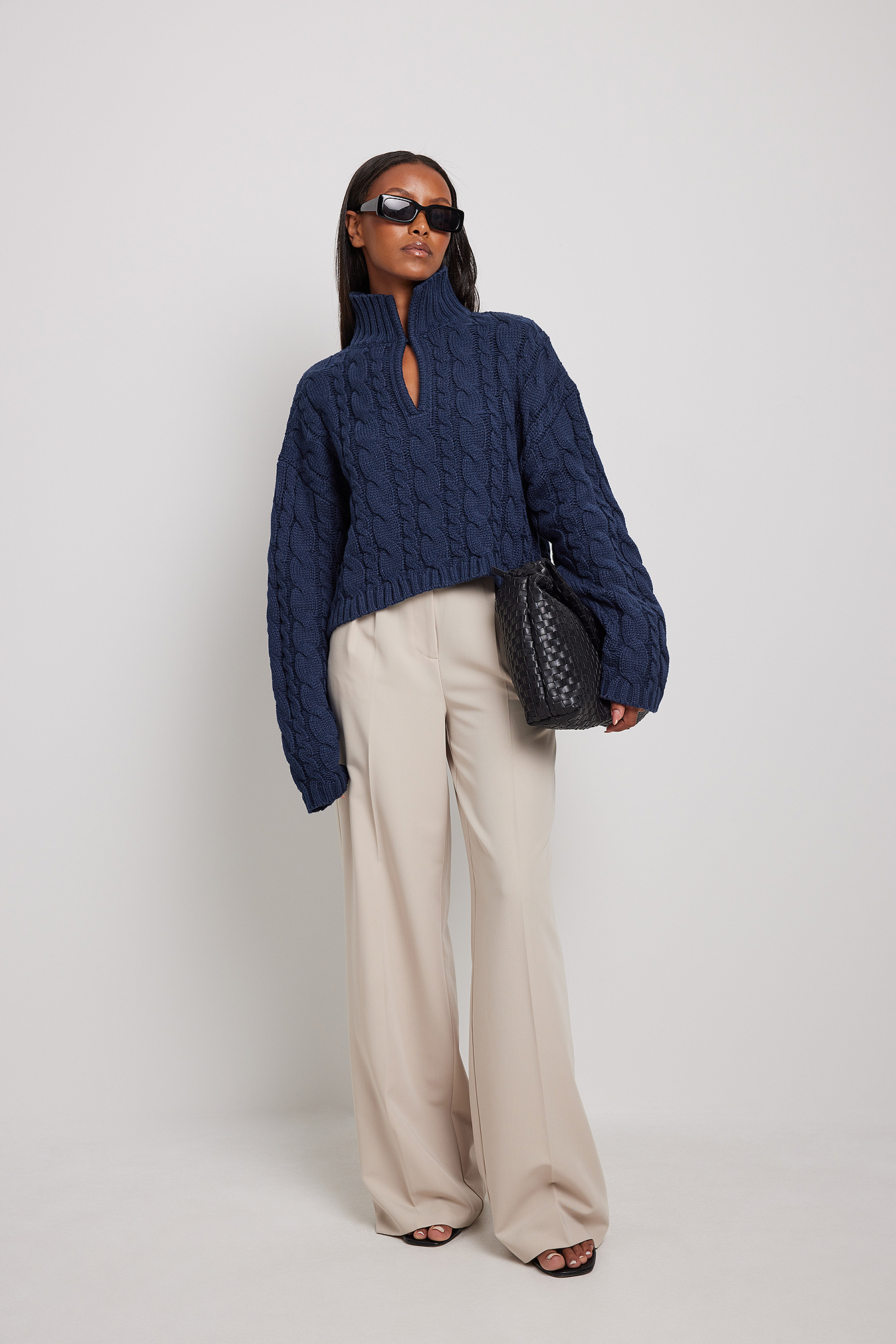 Keyhole Oversized Cropped Cable Knit Blue | na-kd.com
