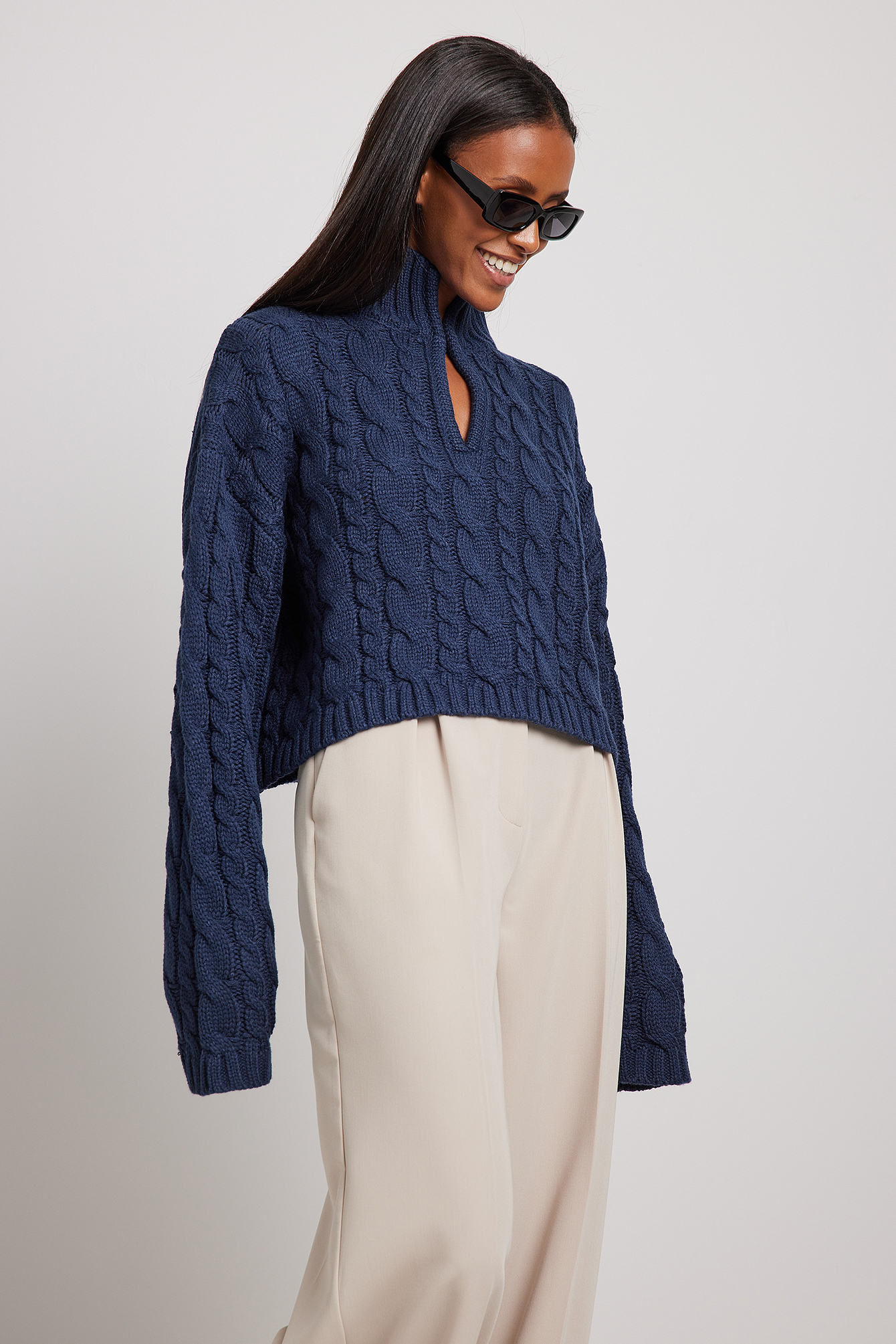 Keyhole Oversized Cropped Cable Knit Blue | na-kd.com