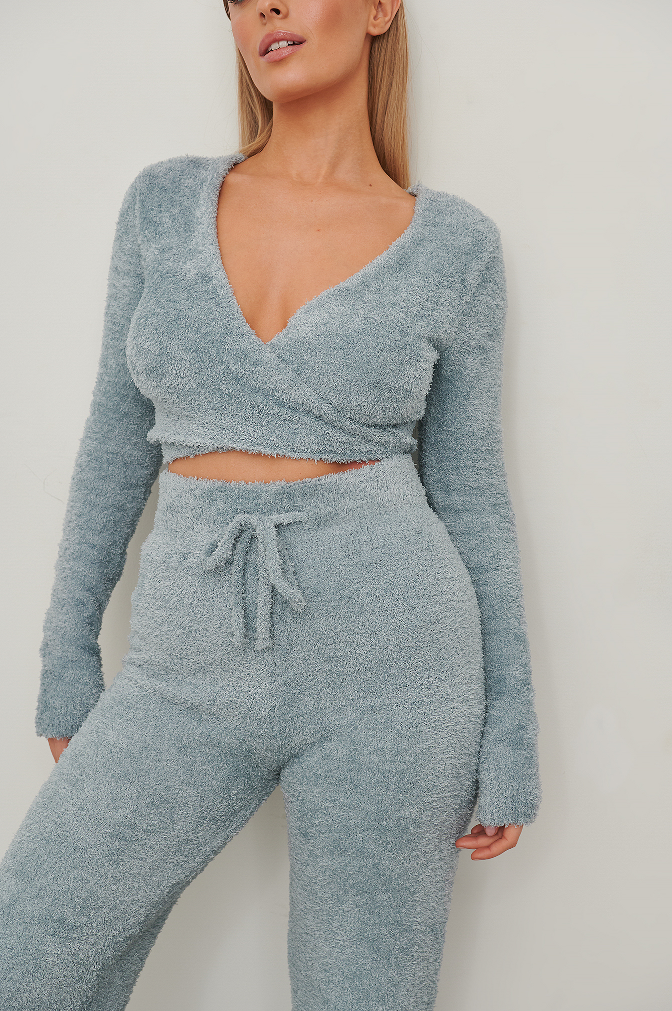 Knitted Fluffy Drawstring Pants Blue | na-kd.com
