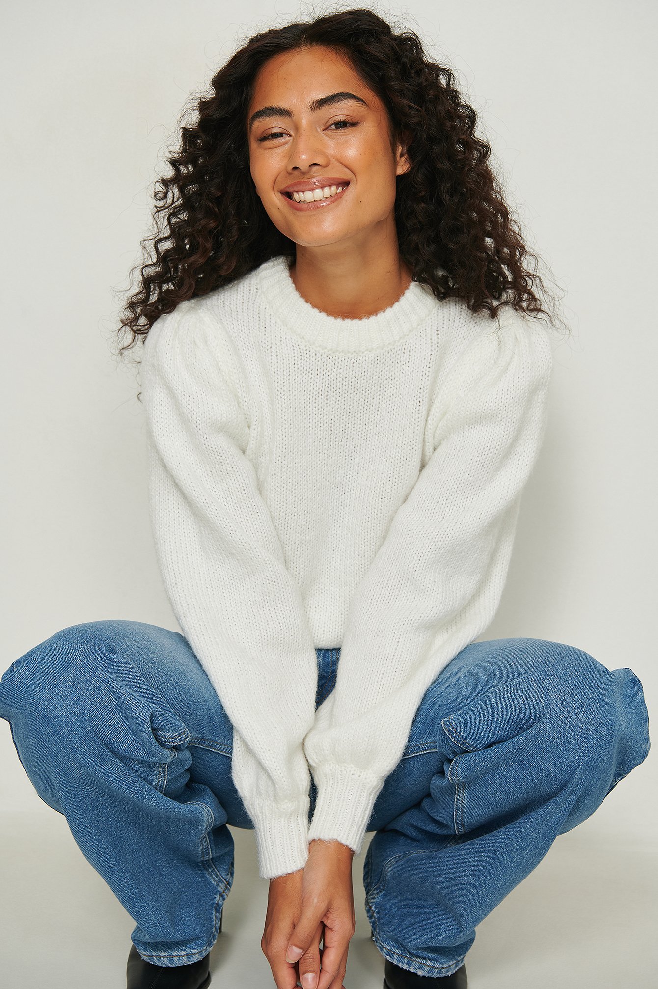 Knitted Puff Shoulder Sweater White | NA-KD