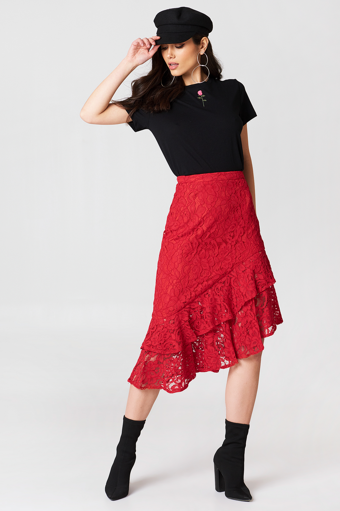 Lace Frill Midi Skirt Red Na