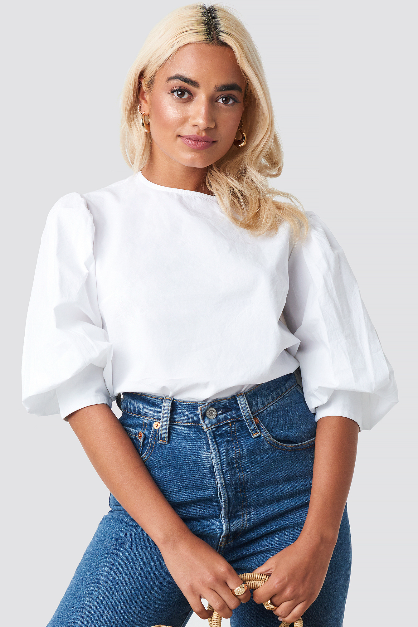 Large Cuff Puff Cotton Blouse White | NA-KD