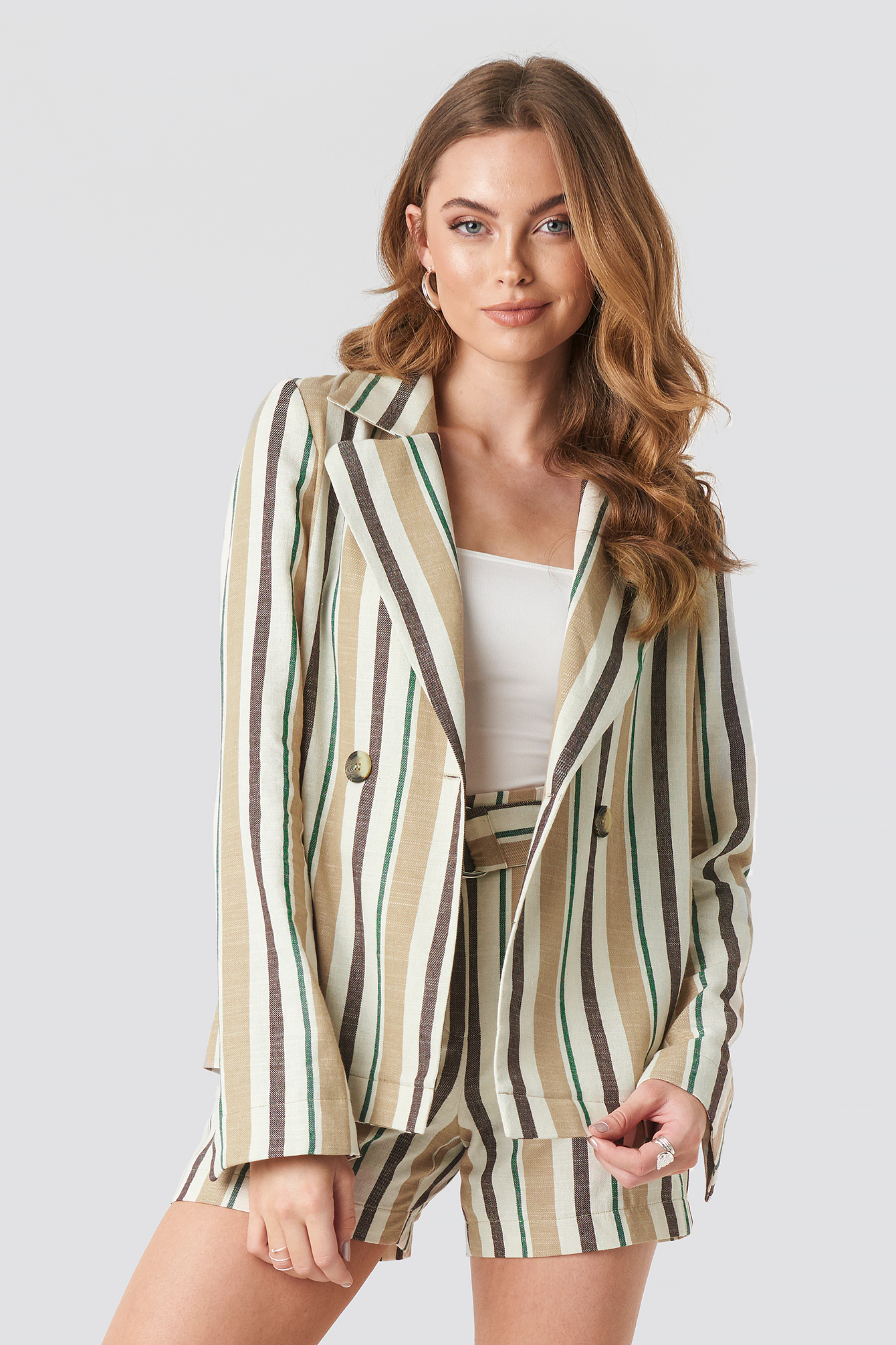 Linen Look Stripe Blazer Green | NA-KD