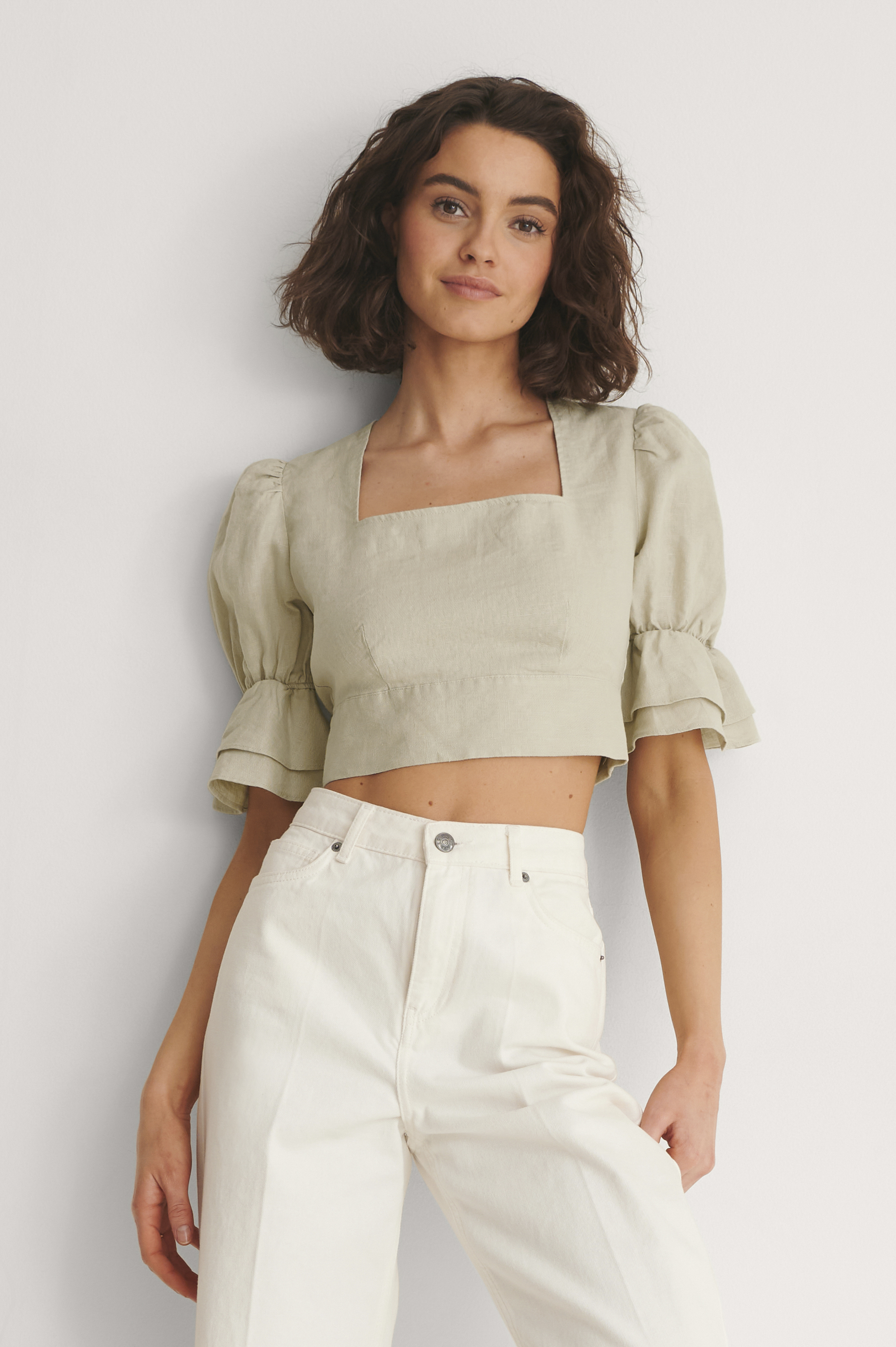 Linen Tie Back Top Beige | na-kd.com