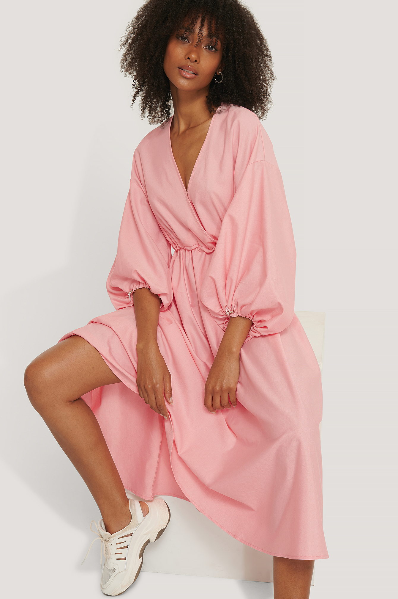Long Sleeve Drawstring Midi Dress Pink | NA-KD