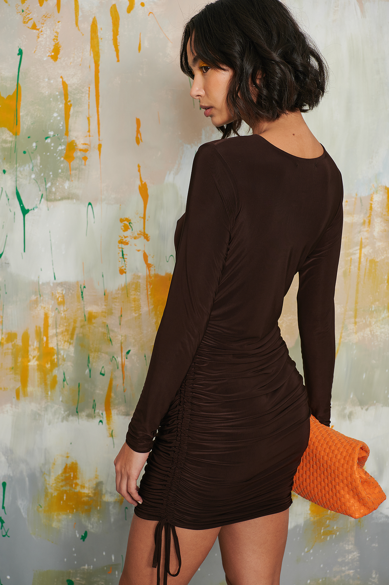 Long Sleeve Drawstring Mini Dress Brown | na-kd.com