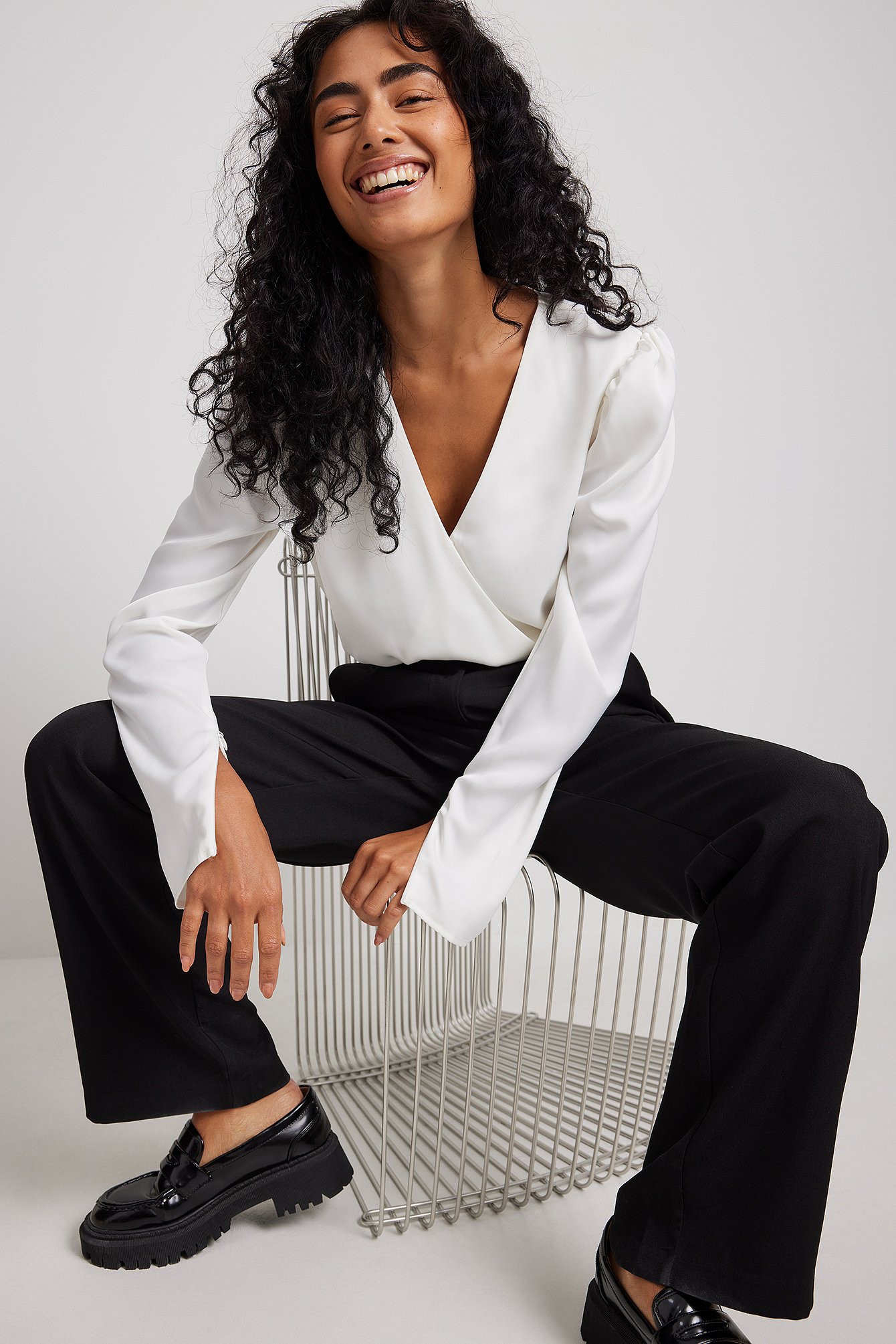 Long Sleeve Overlap Satin Blouse White | NA-KD