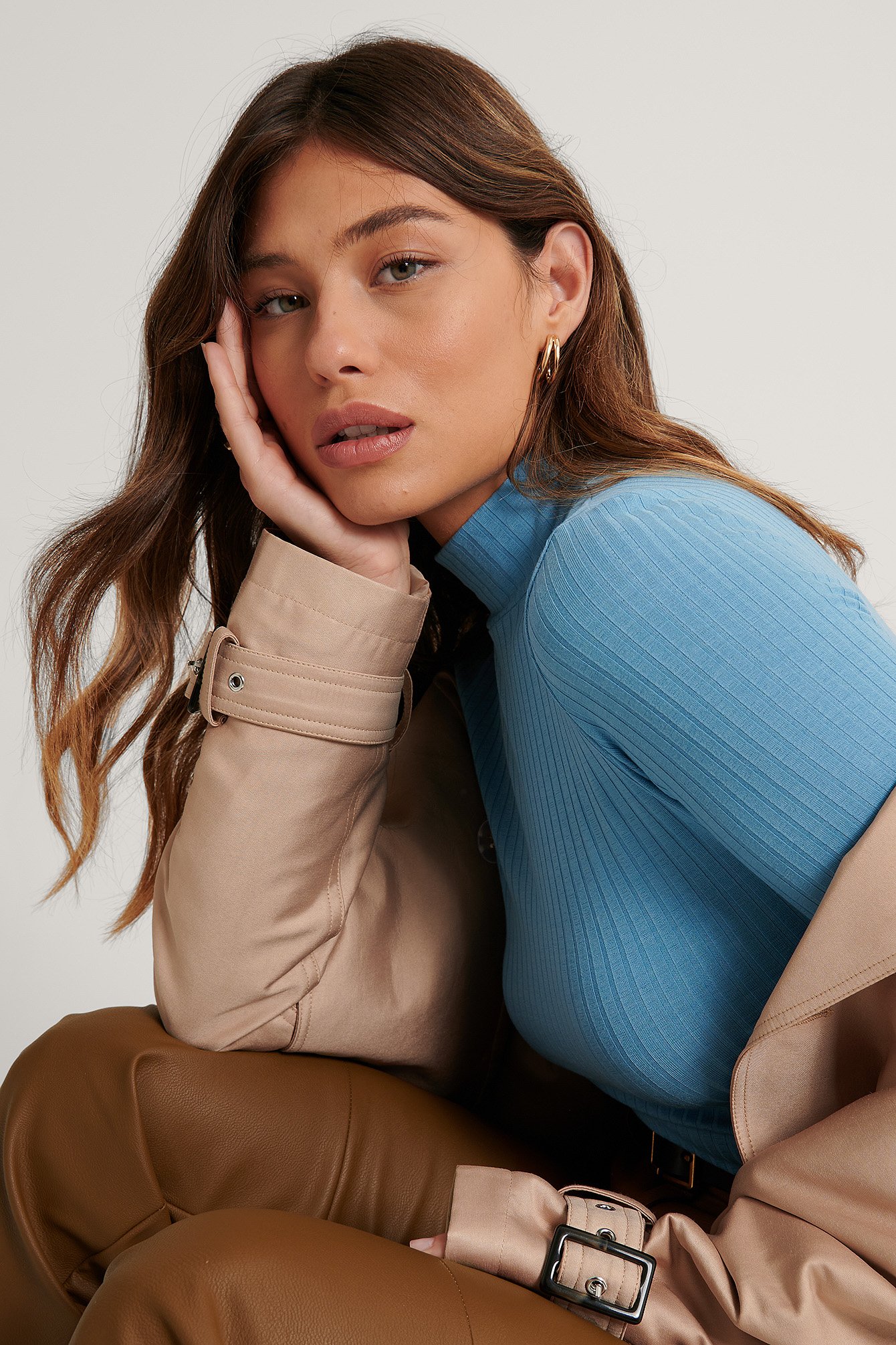 Long Sleeve Ribbed Polo Top Blue | NA-KD