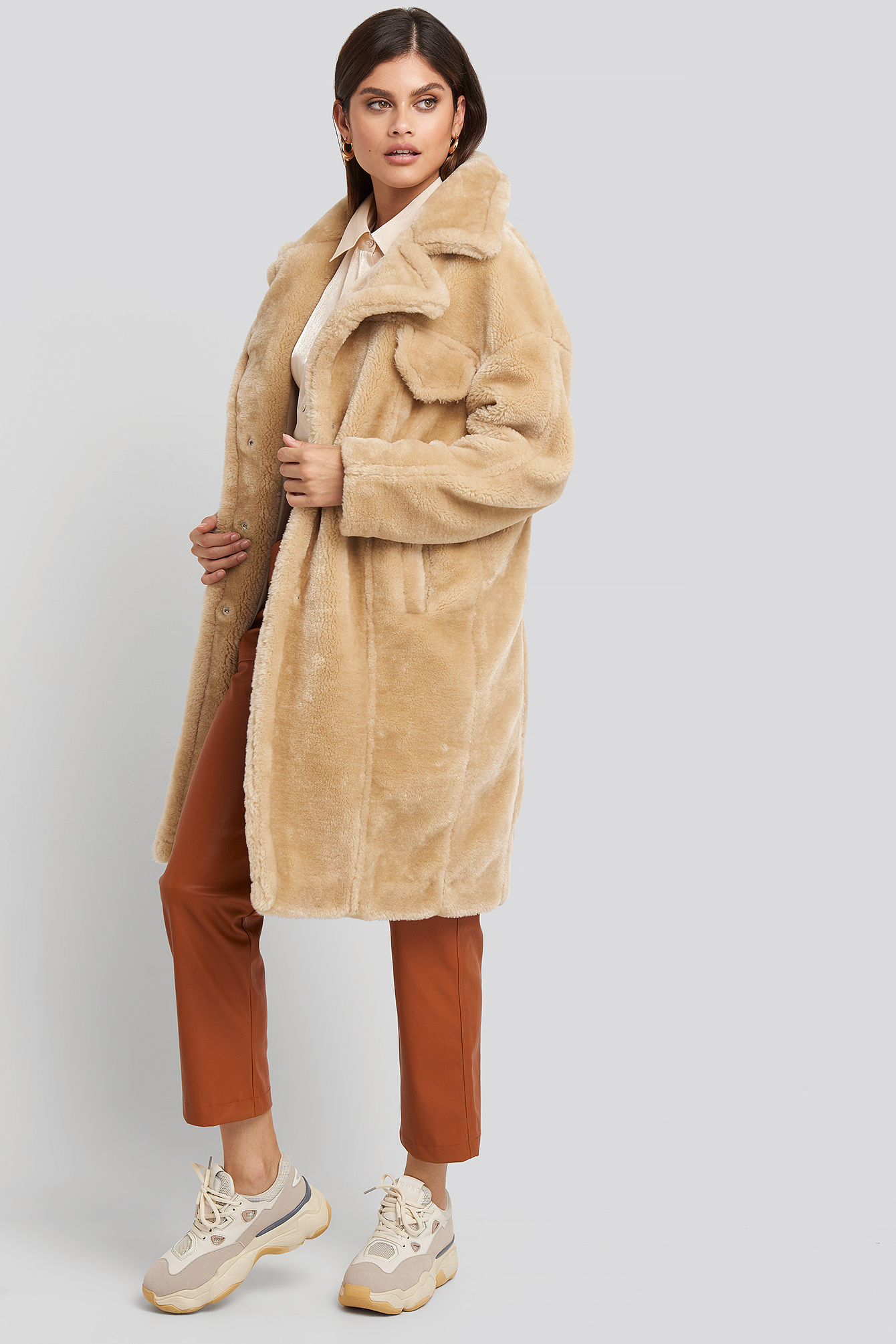 Long Teddy Fur Jacket Beige | NA-KD
