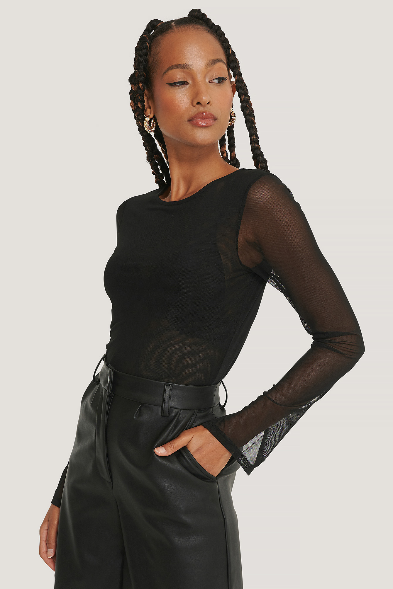 Mesh Slit Sleeve Top Black | NA-KD