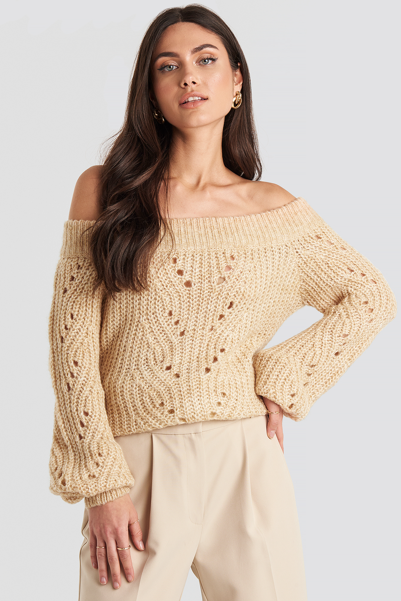 Off Shoulder Pointelle Knitted Sweater Beige | NA-KD