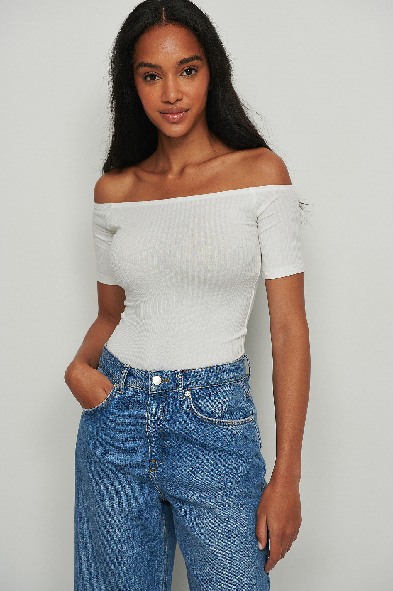 Off Shoulder Ribbed Top White | na-kd.com