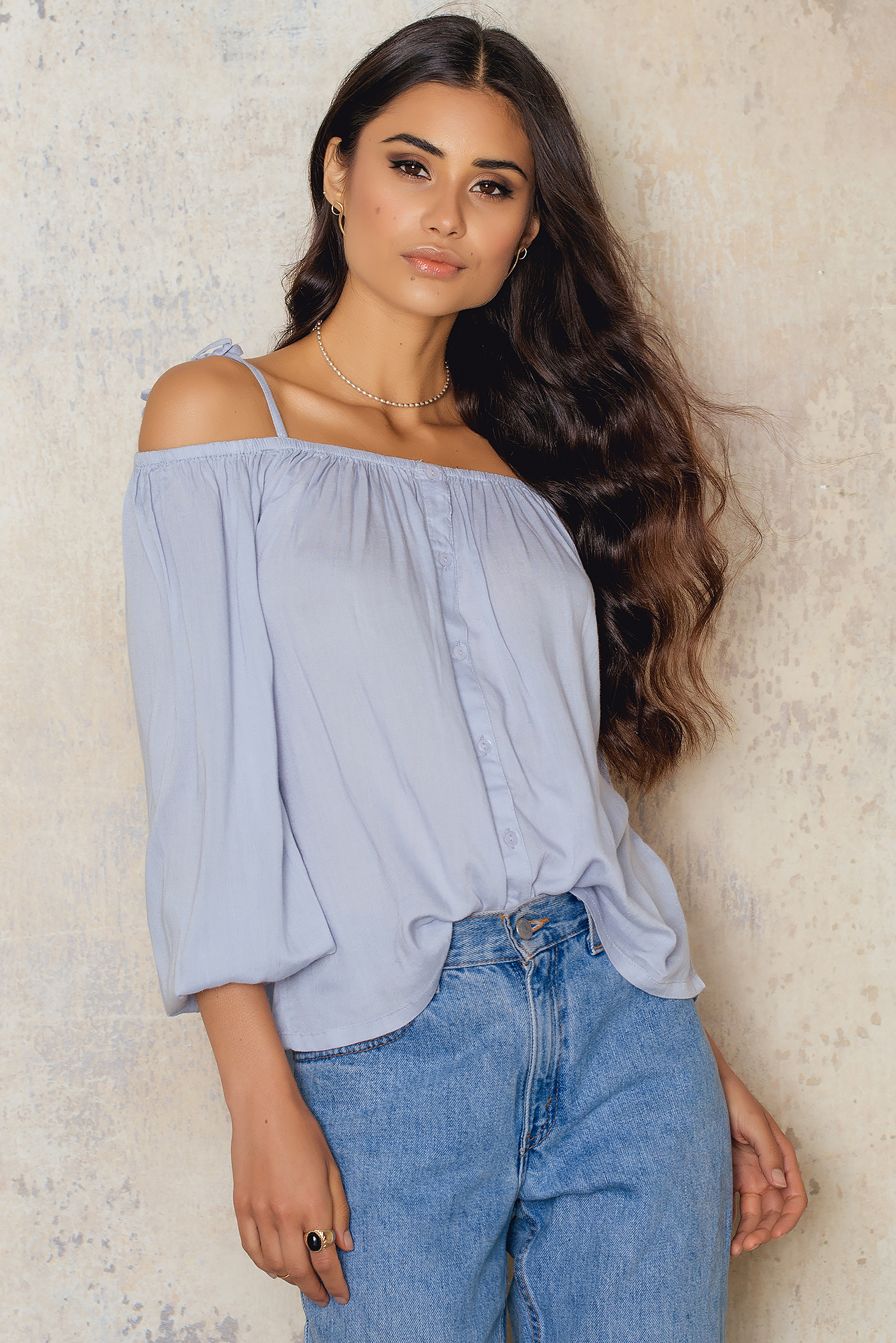 Off Shoulder Tied Strap Top Blue | NA-KD