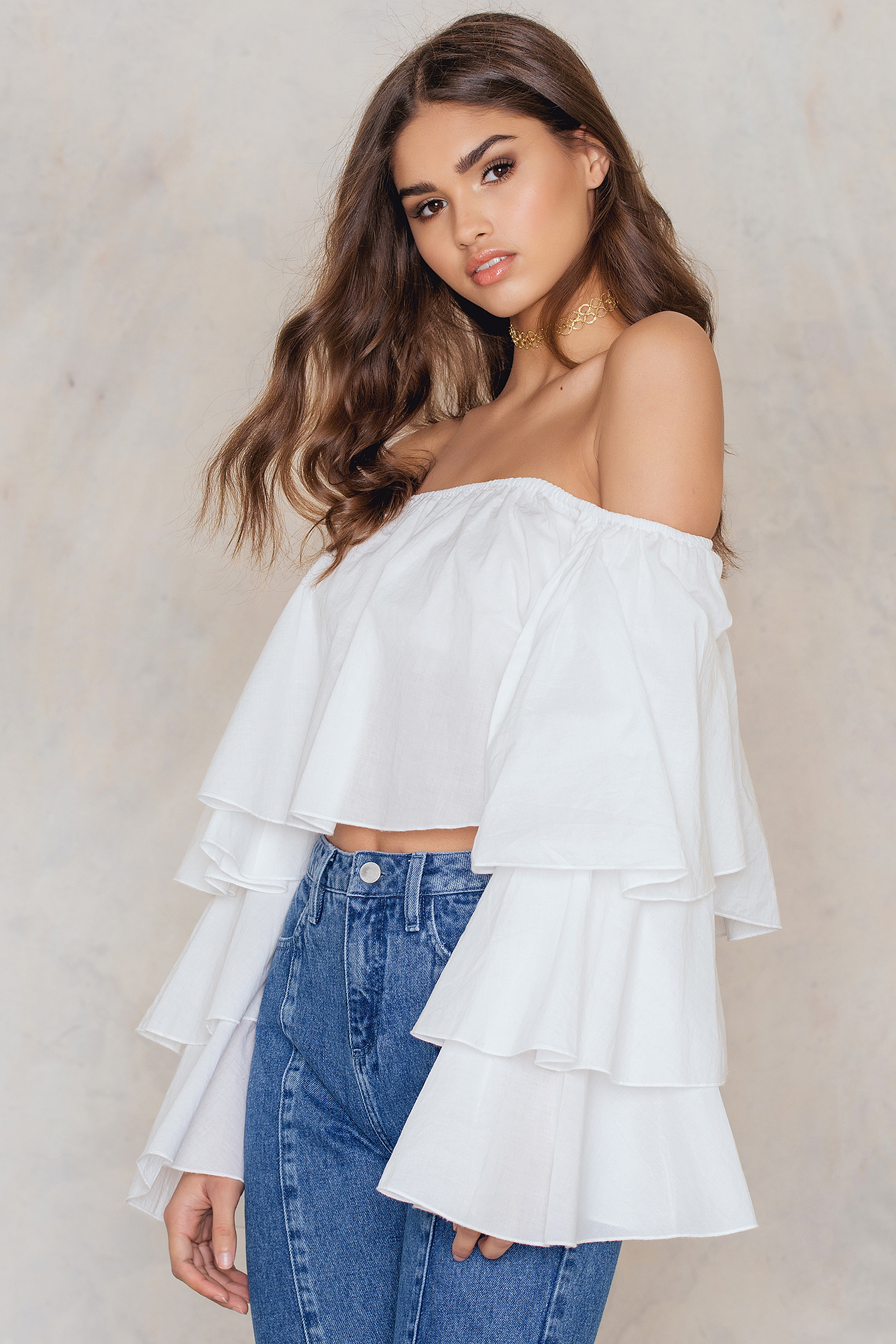 Off Shoulder Triple Flounce Top Blanc | NA-KD