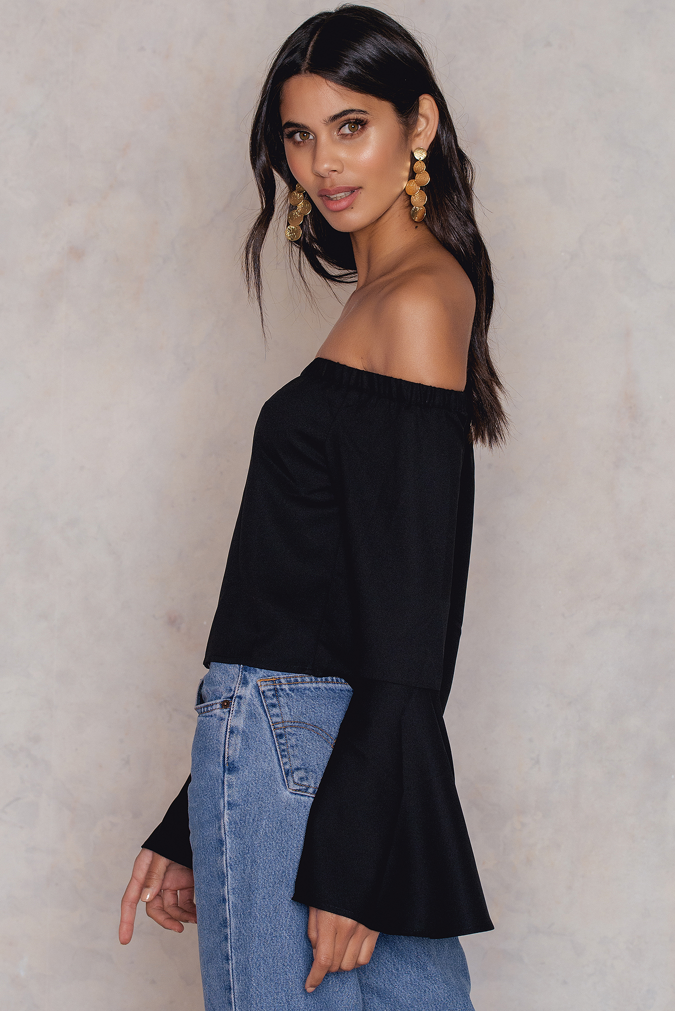 Off Shoulder Woven Wide Sleeve Top Black | na-kd.com