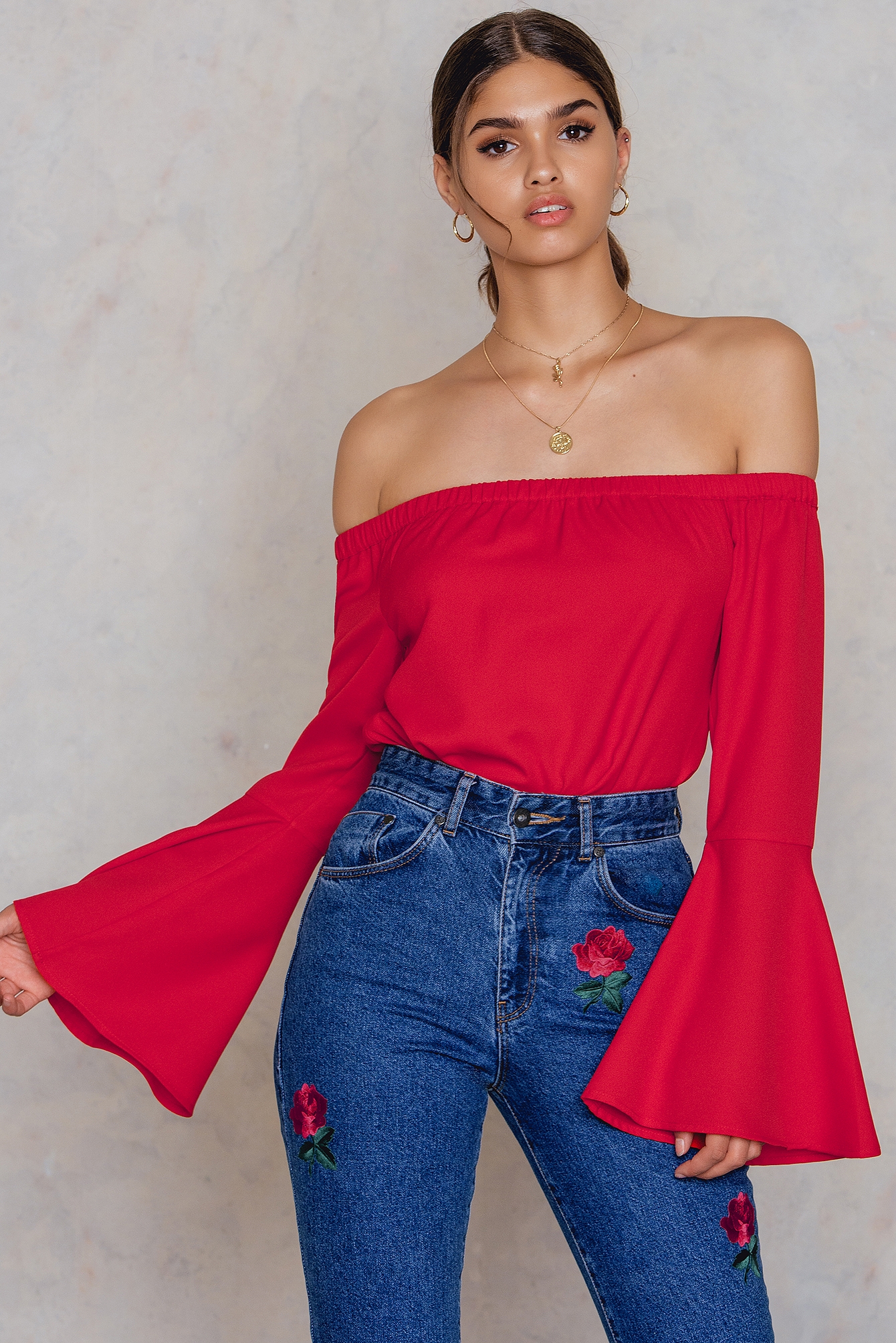Off Shoulder Woven Wide Sleeve Top Red | NA-KD