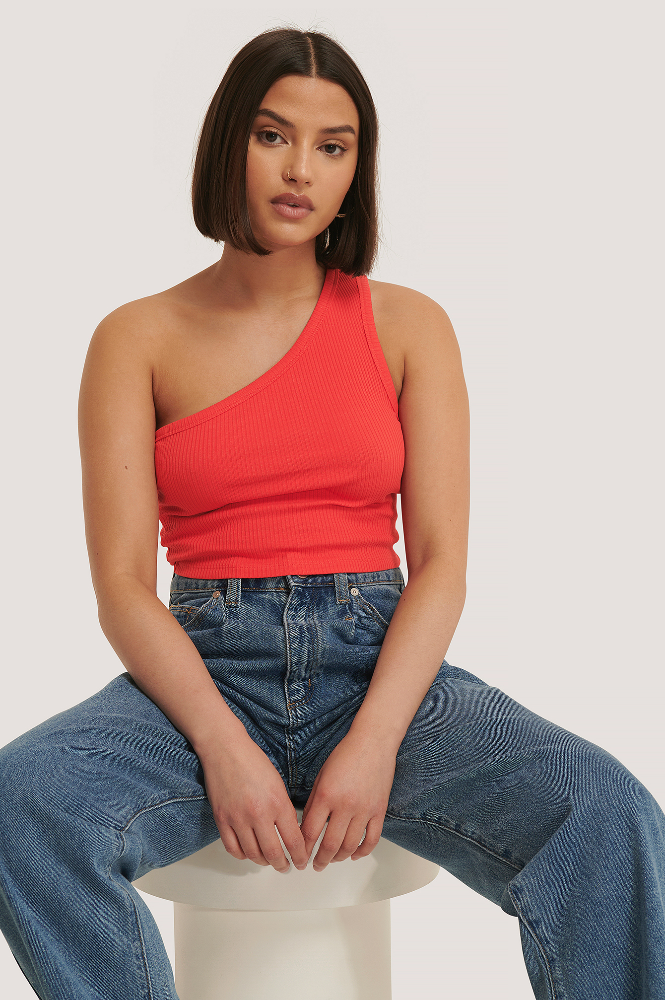 One Shoulder Crop Rib Top Red | na-kd.com