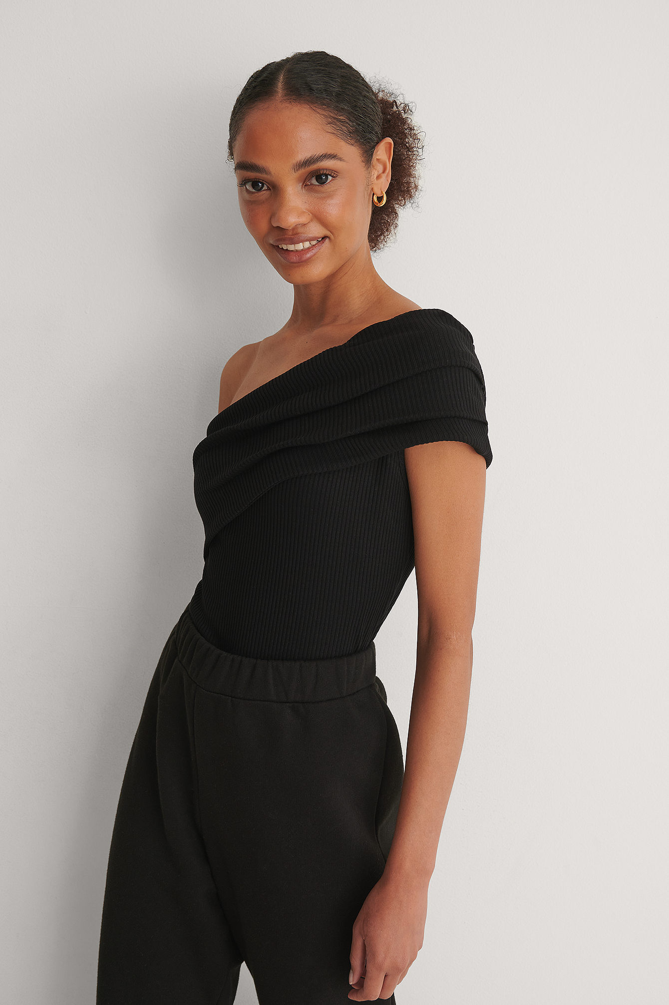 One Shoulder Rib Top Black | na-kd.com