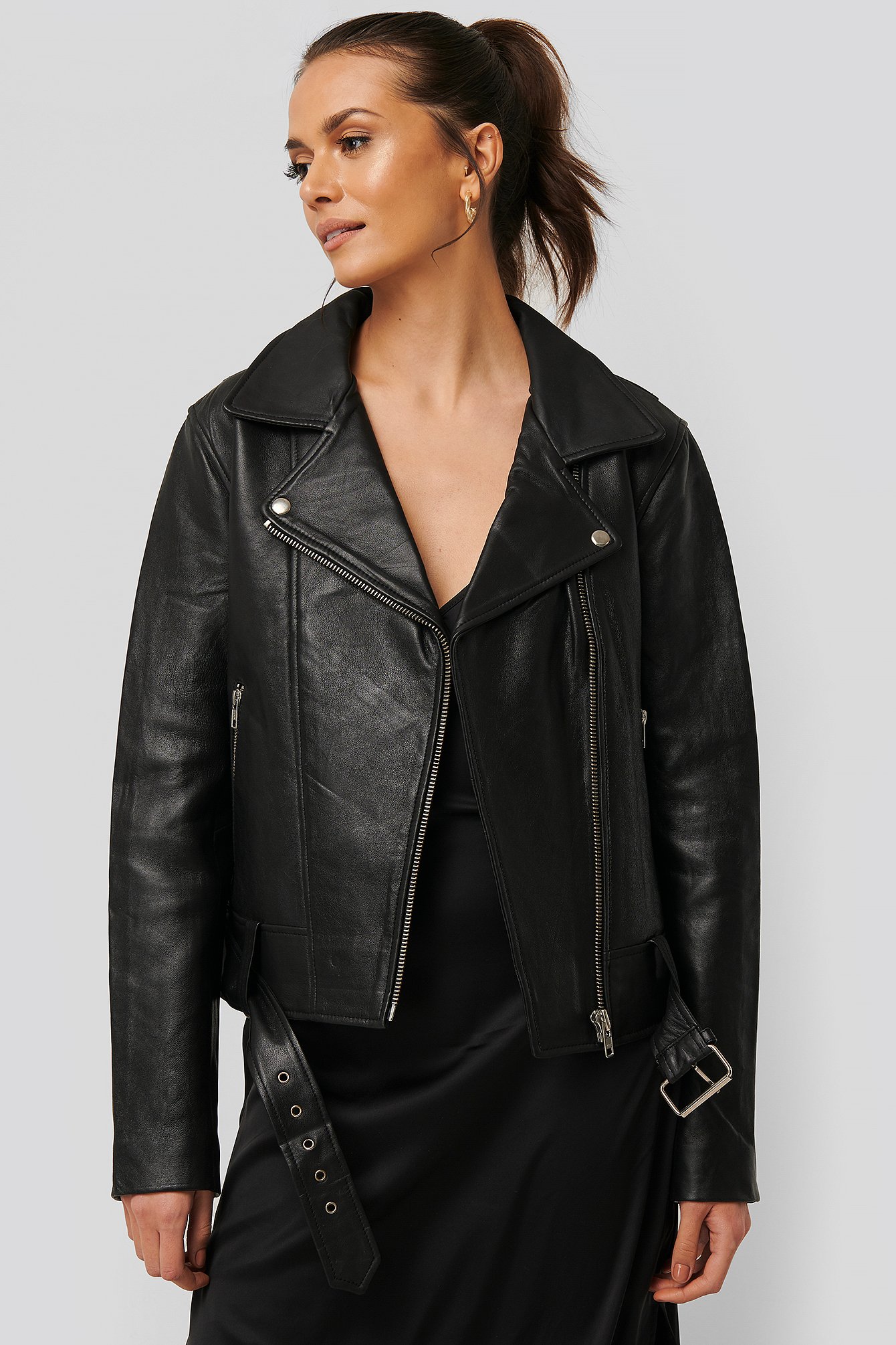 Oversized Belted Leather Jacket Noir | NA-KD