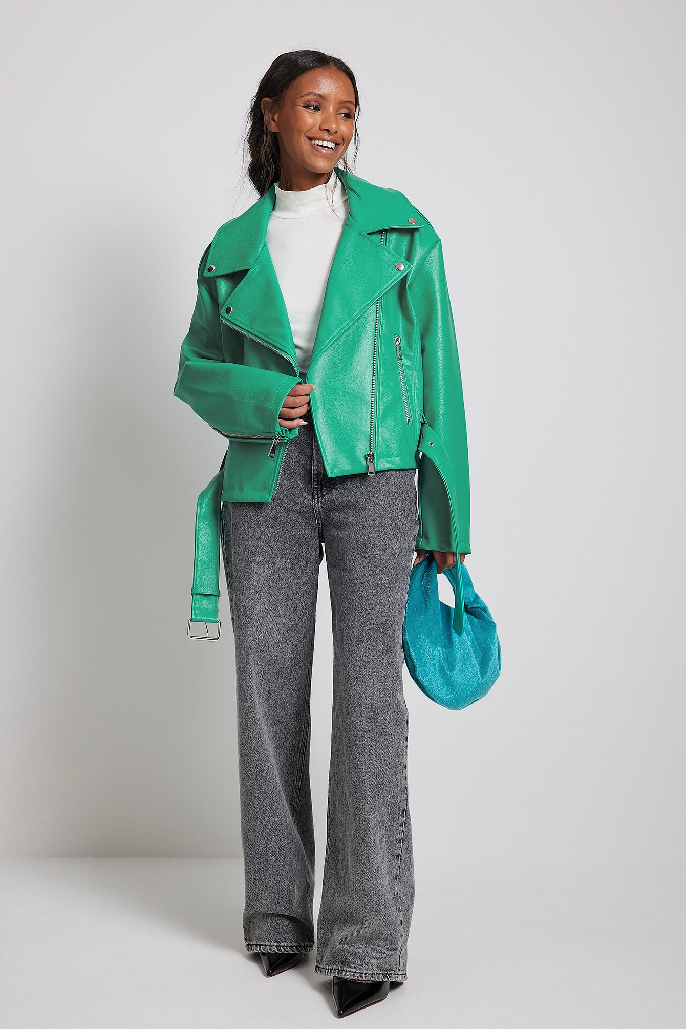 Oversized Biker PU Jacket Green | NA-KD