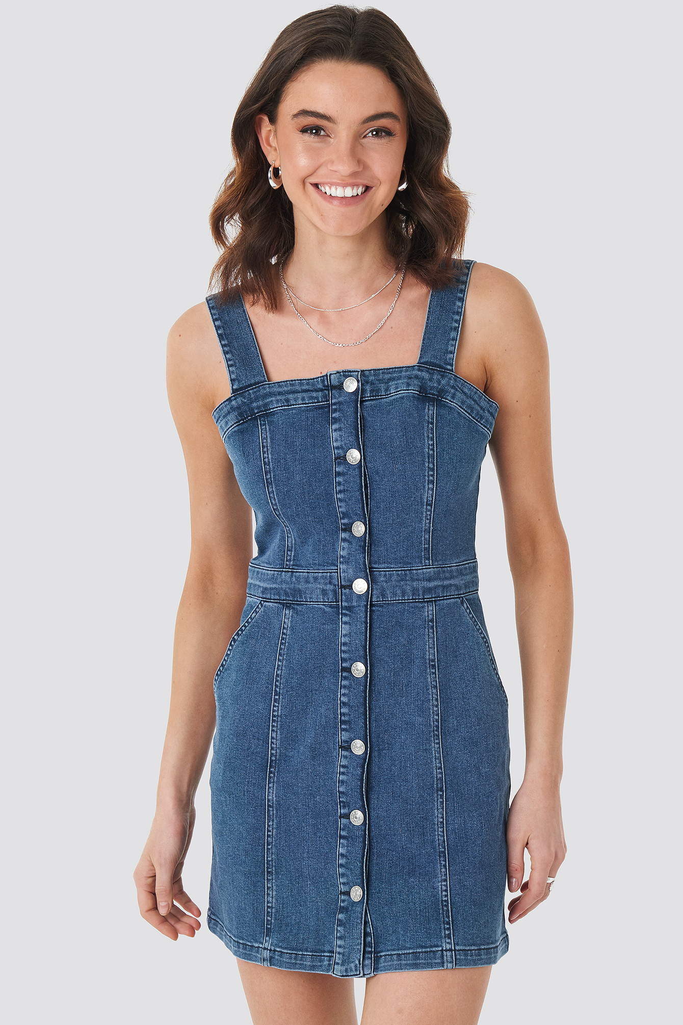 Pinafore Mini Denim Dress Blue | na-kd.com