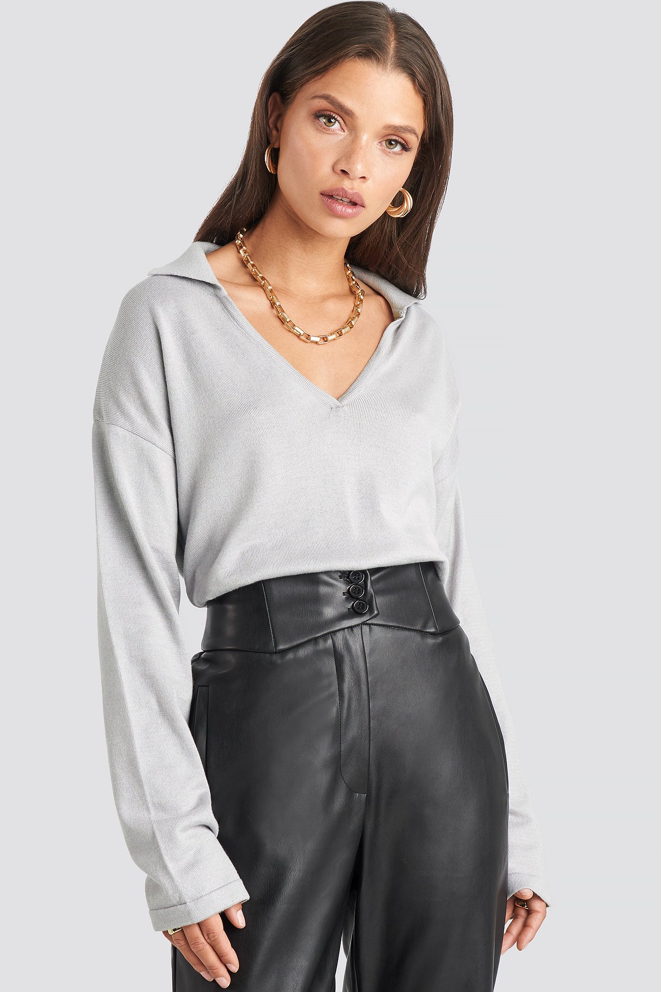 Pique Collar Knitted Sweater Grey | NA-KD