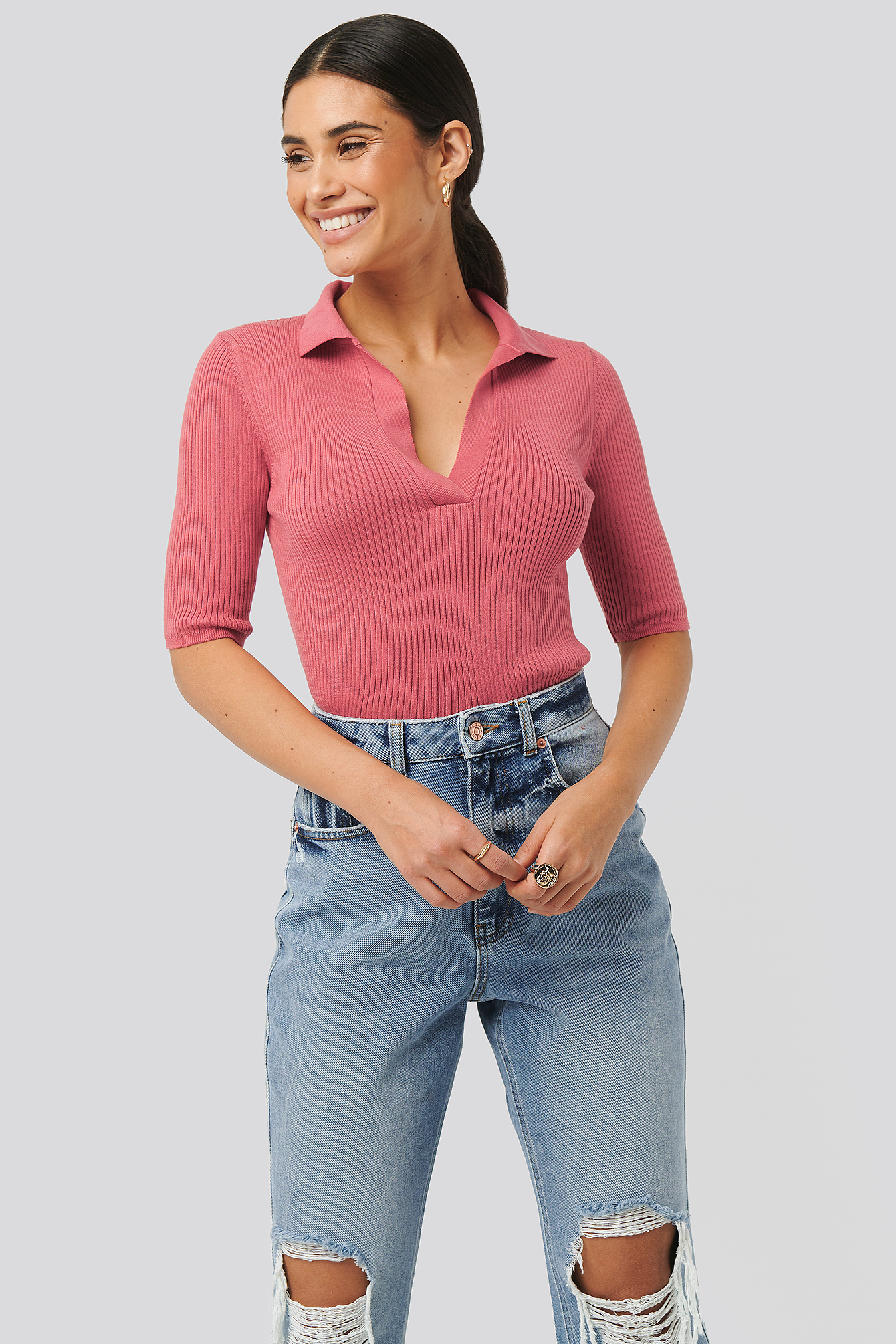 Pique Collar Knitted Top Pink | NA-KD