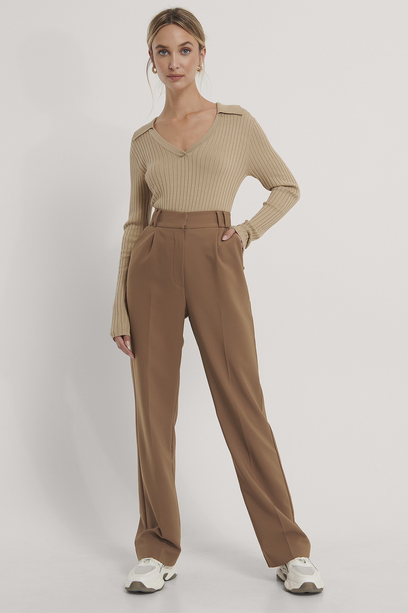 Pique Collar Ribbed Knitted Sweater Beige | NA-KD