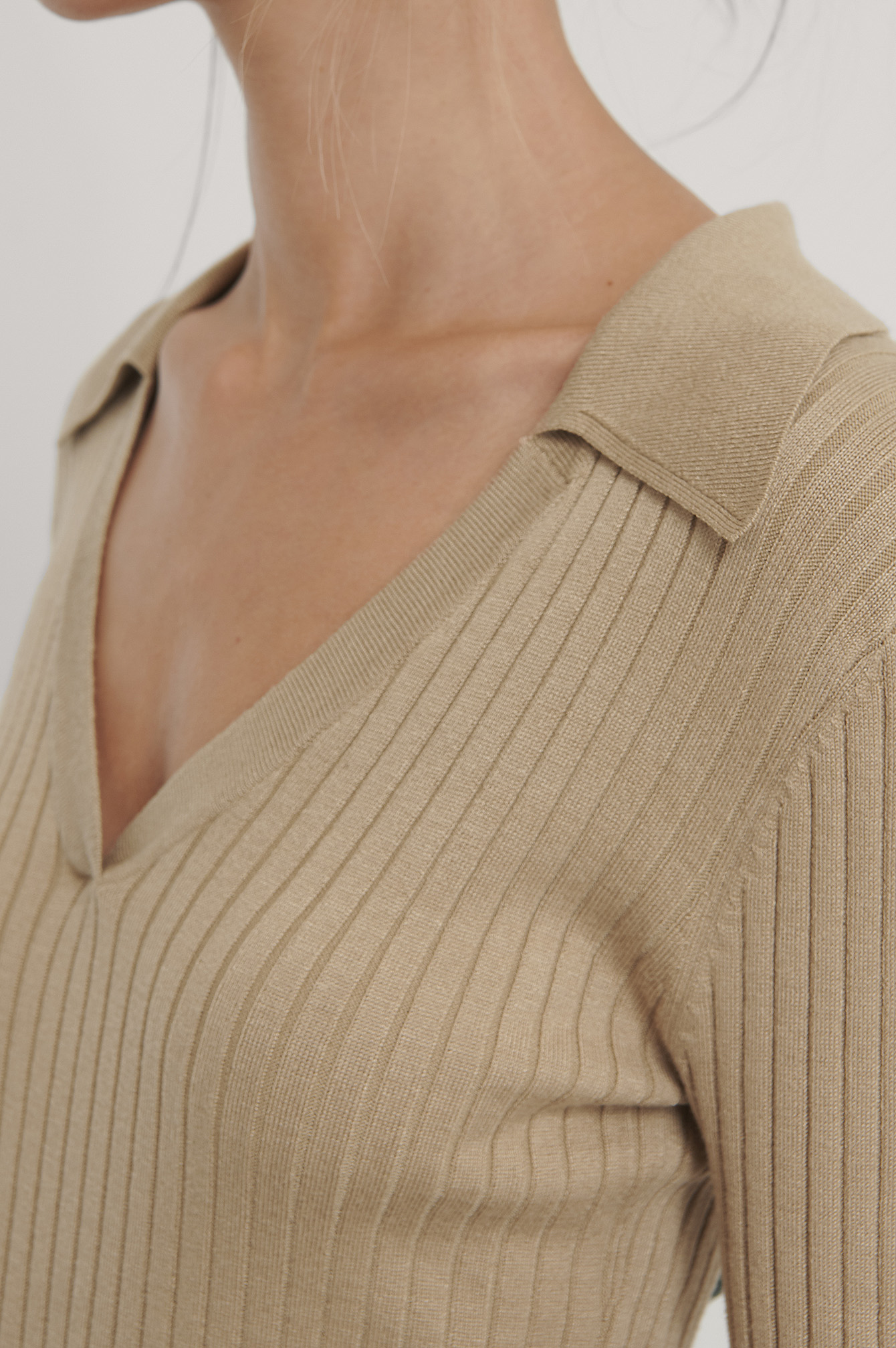 Pique Collar Ribbed Knitted Sweater Beige | na-kd.com