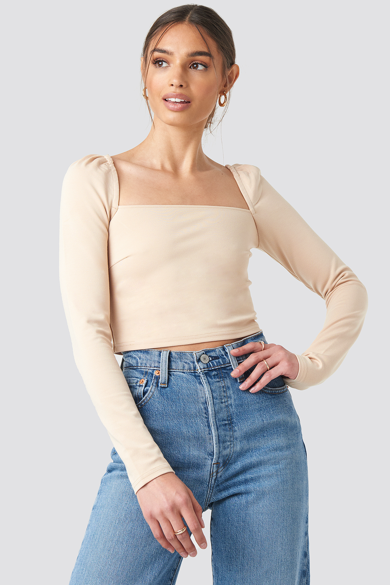 Puff Shoulder Bodycon Top Beige | NA-KD