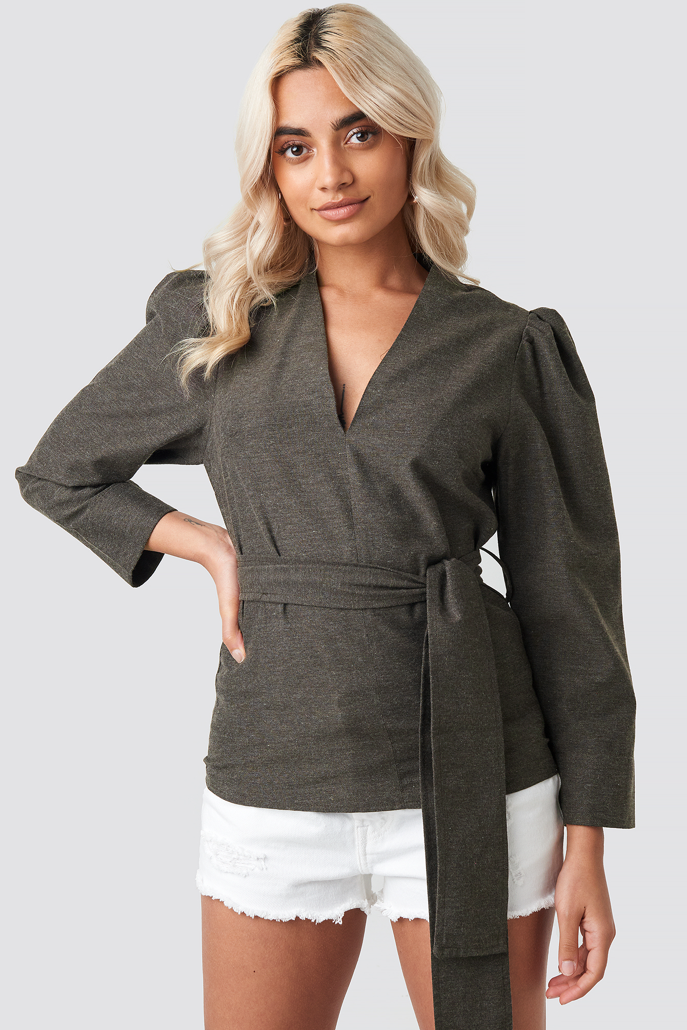 Puff Shoulder Tie Waist Blouse Brown | NA-KD