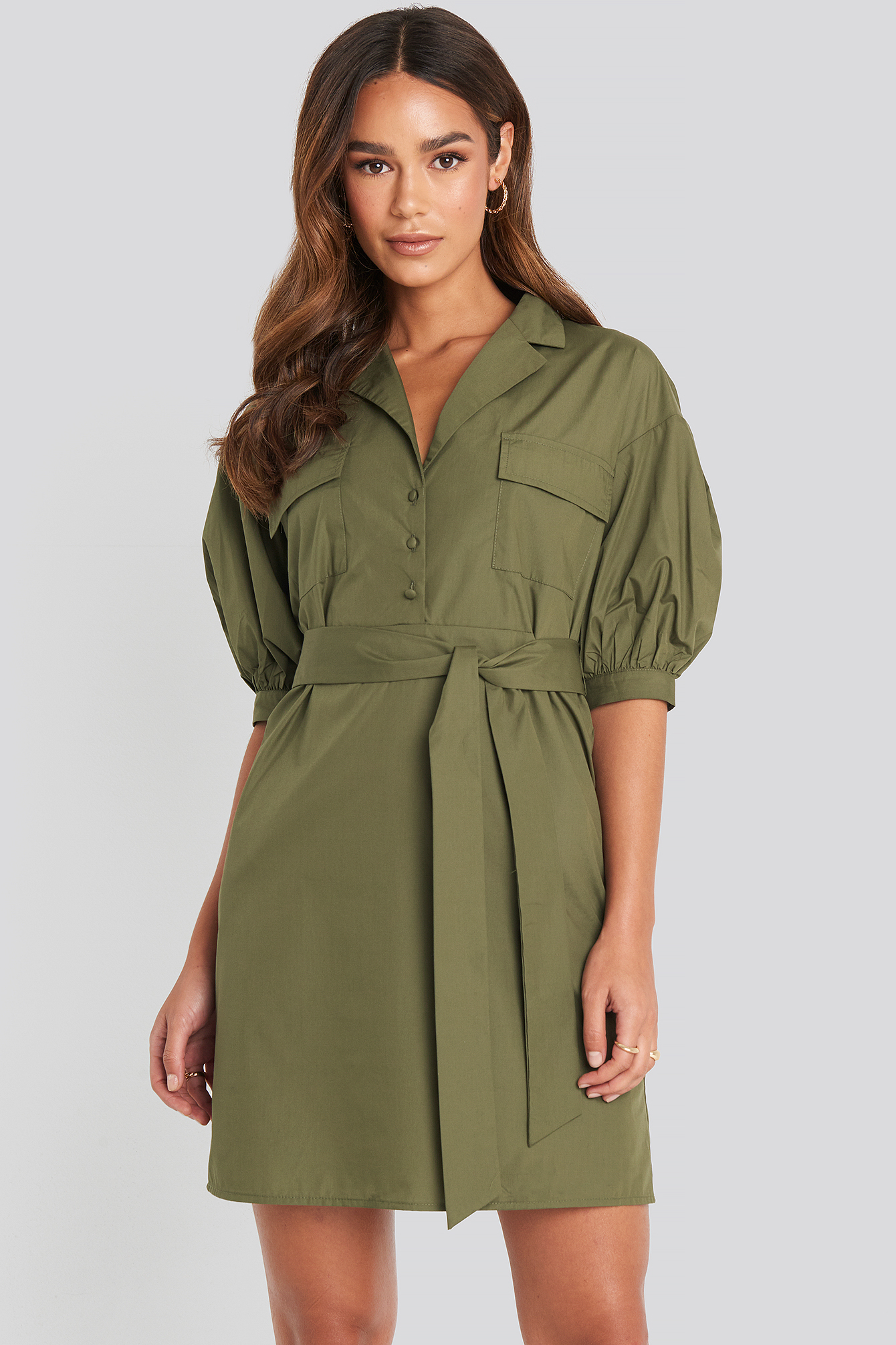 Puff Sleeve Chest Pocket Mini Dress Grün | NA-KD