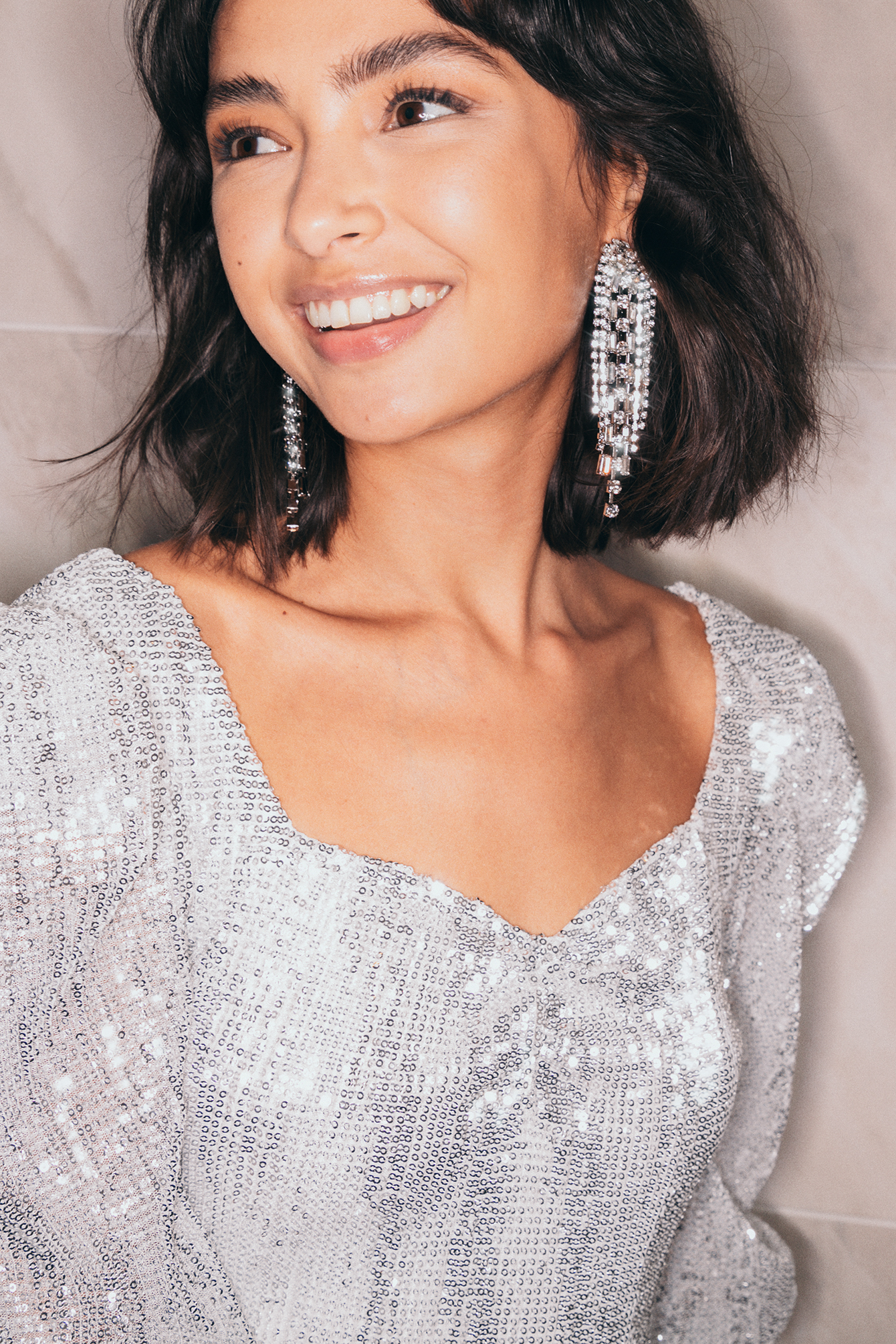 Puff Shoulder Sequin Top Silver | NA-KD