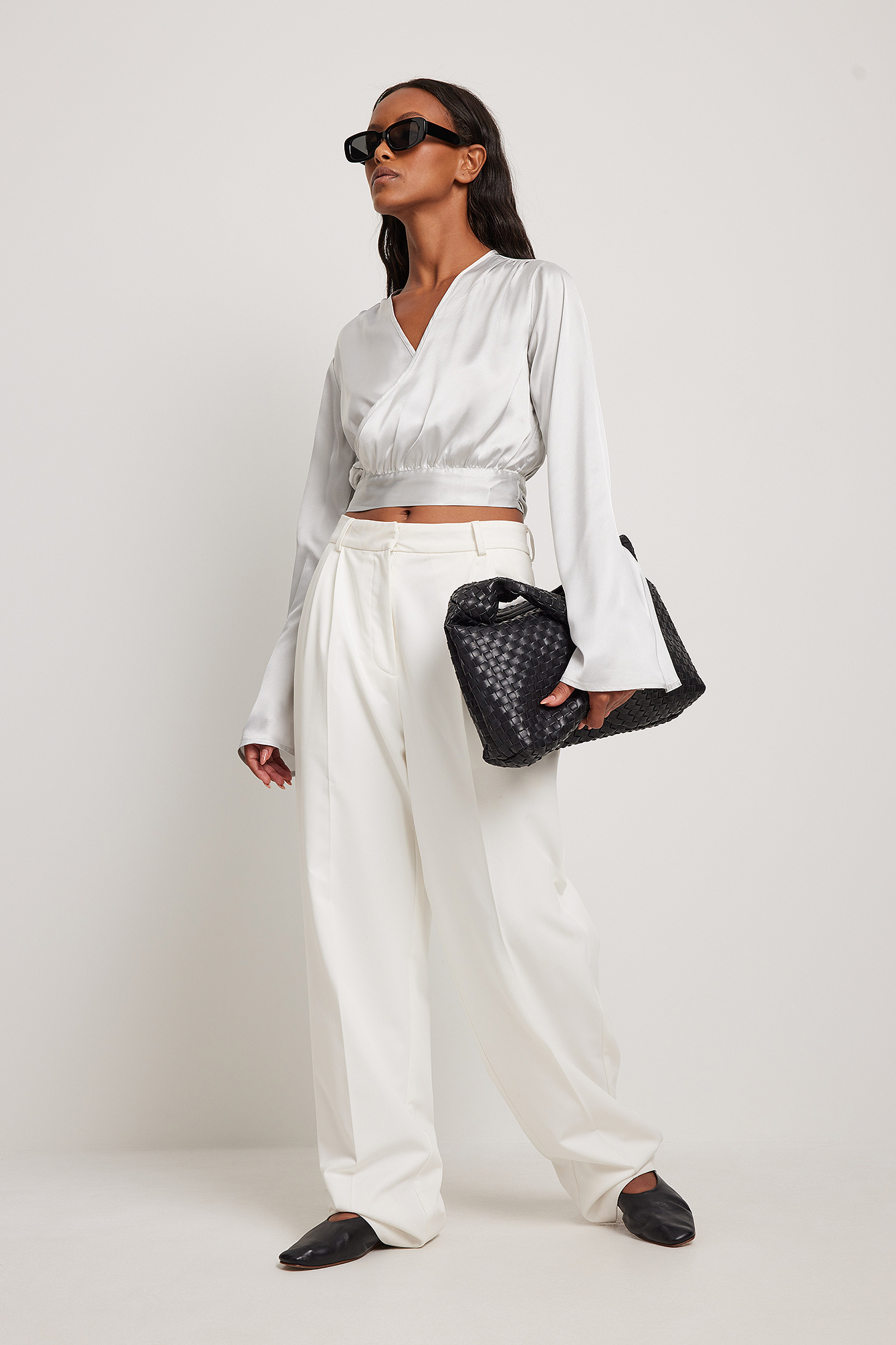 Overlap Front Trumpet Sleeve Satin Blouse Grey | na-kd.com