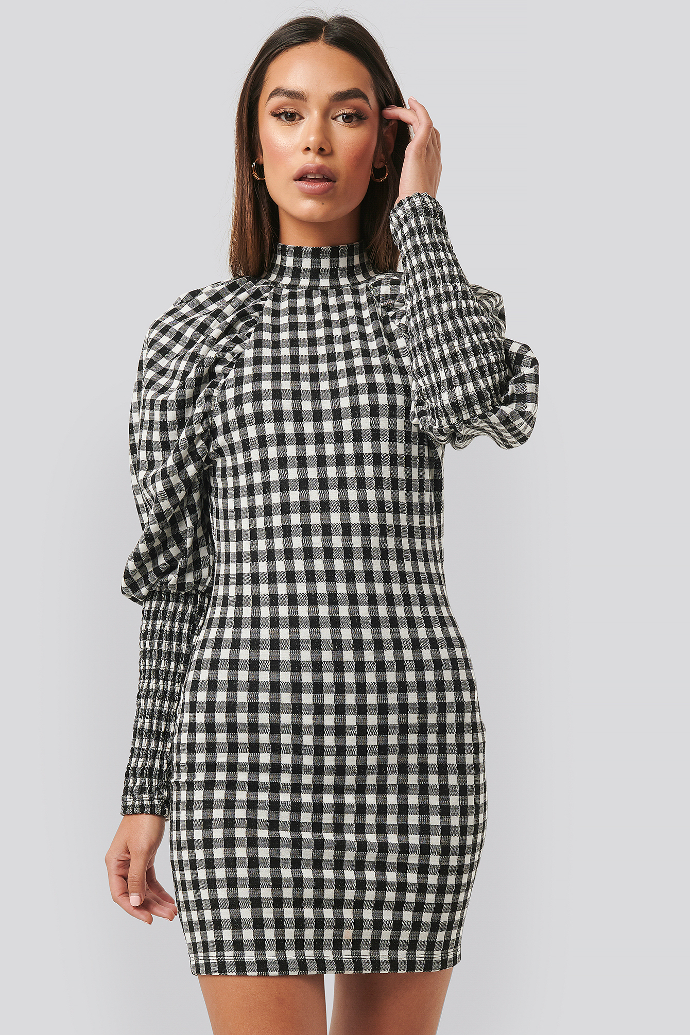 Raglan Balloon Sleeve Check Dress Multicolor | NA-KD