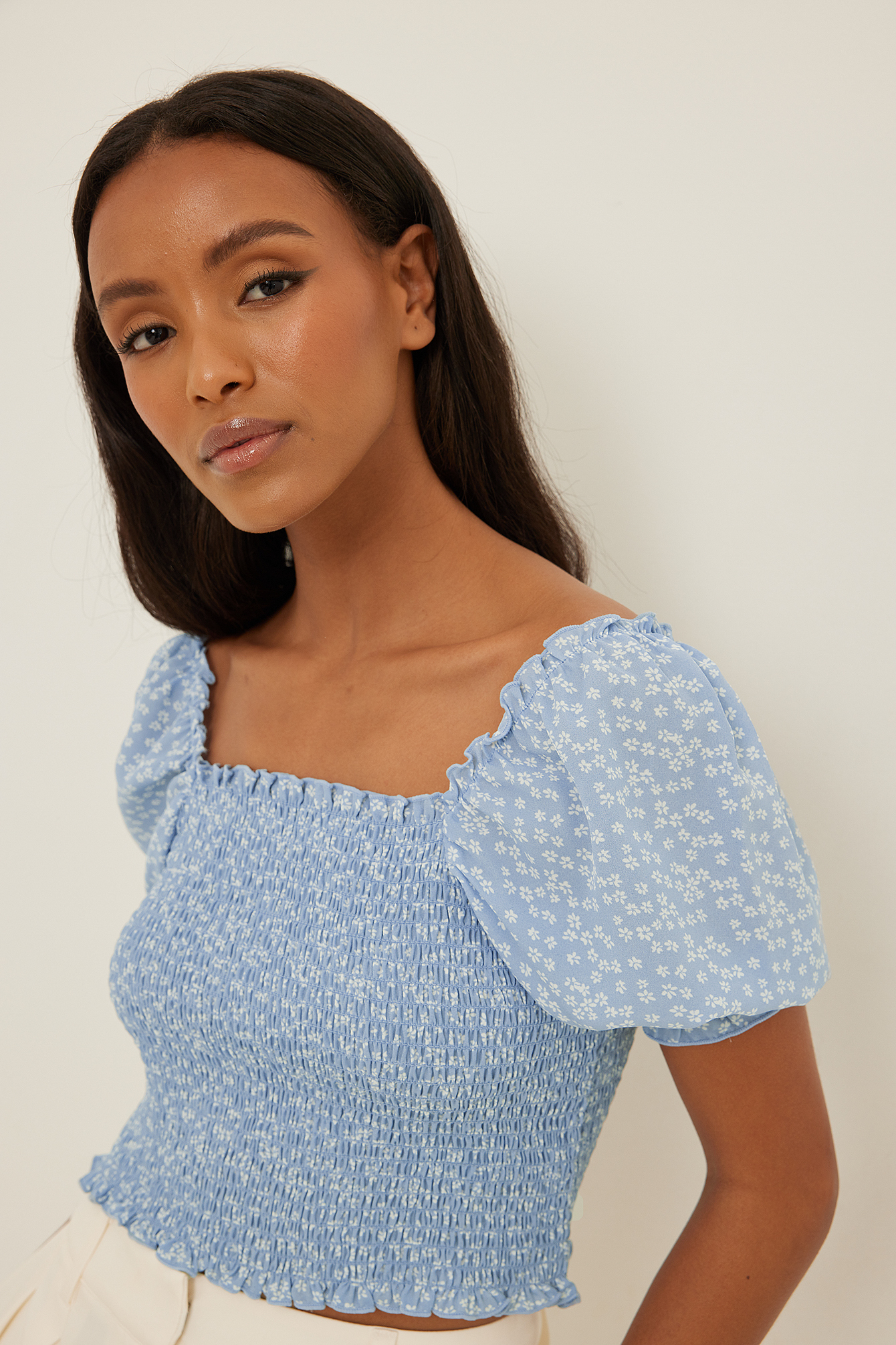Recycled Cropped Smocked Top Blue | na-kd.com