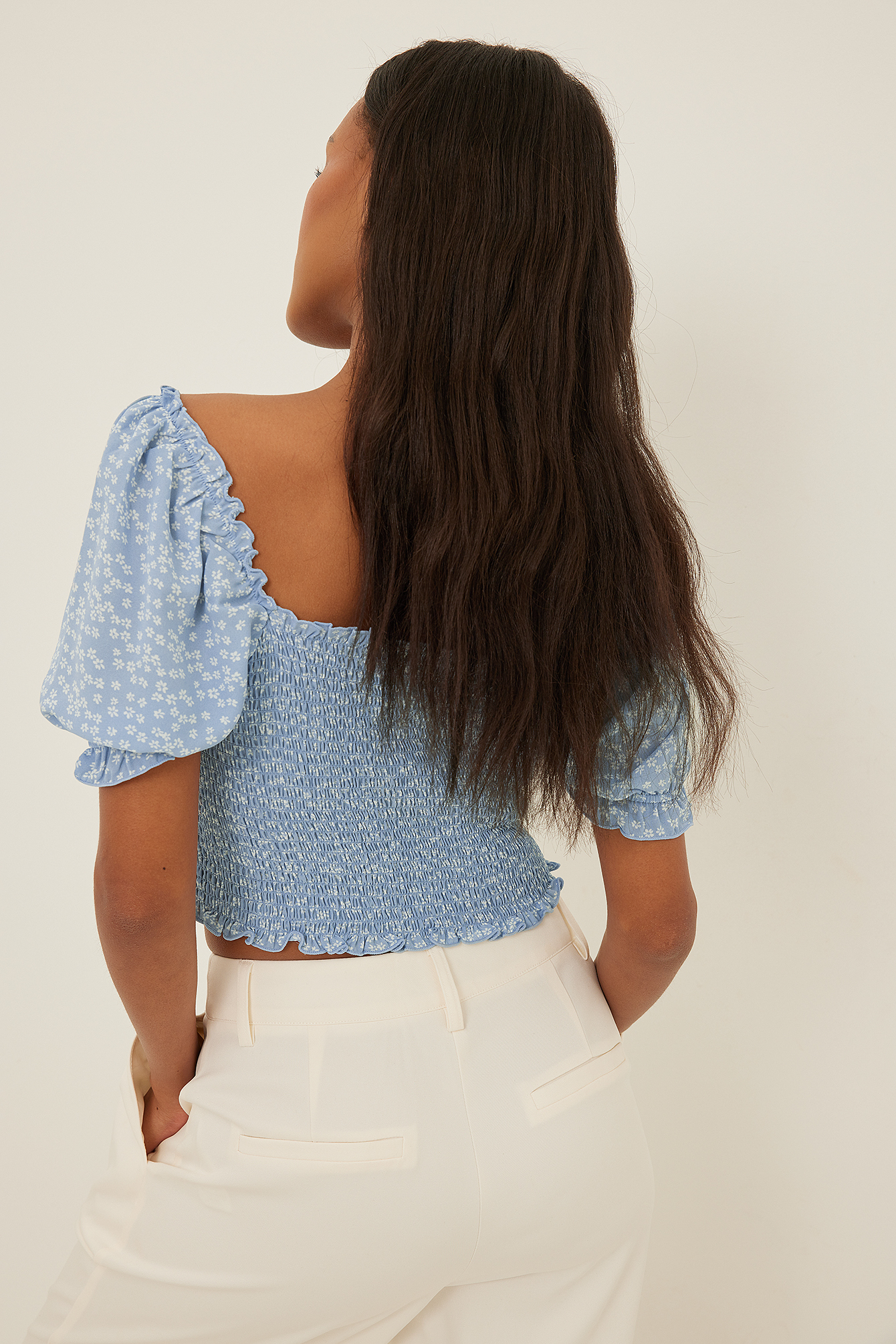 Cropped Puff Sleeve Smocked Top Blue | na-kd.com