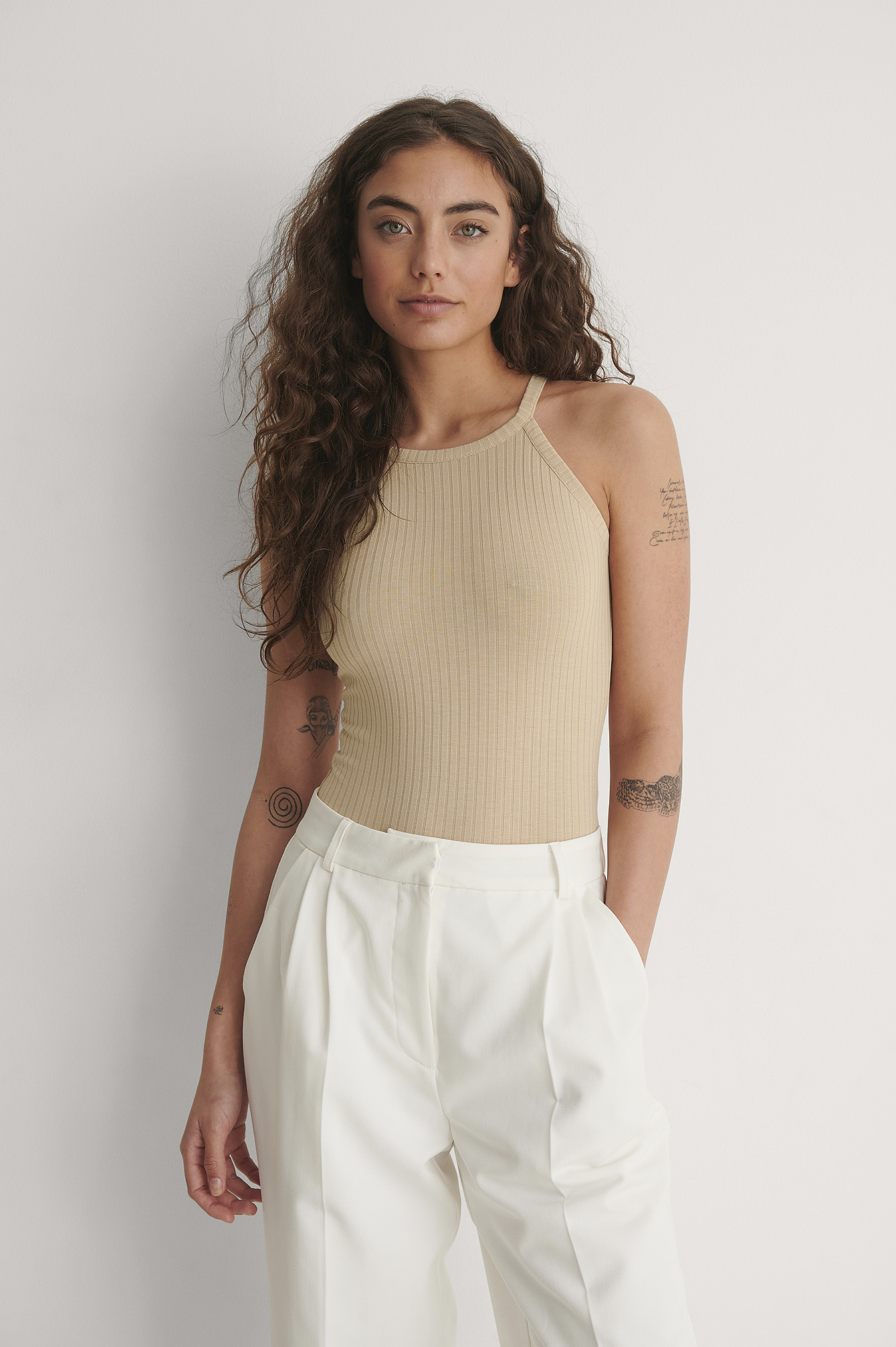 High Neck Ribbed Body Beige | NA-KD
