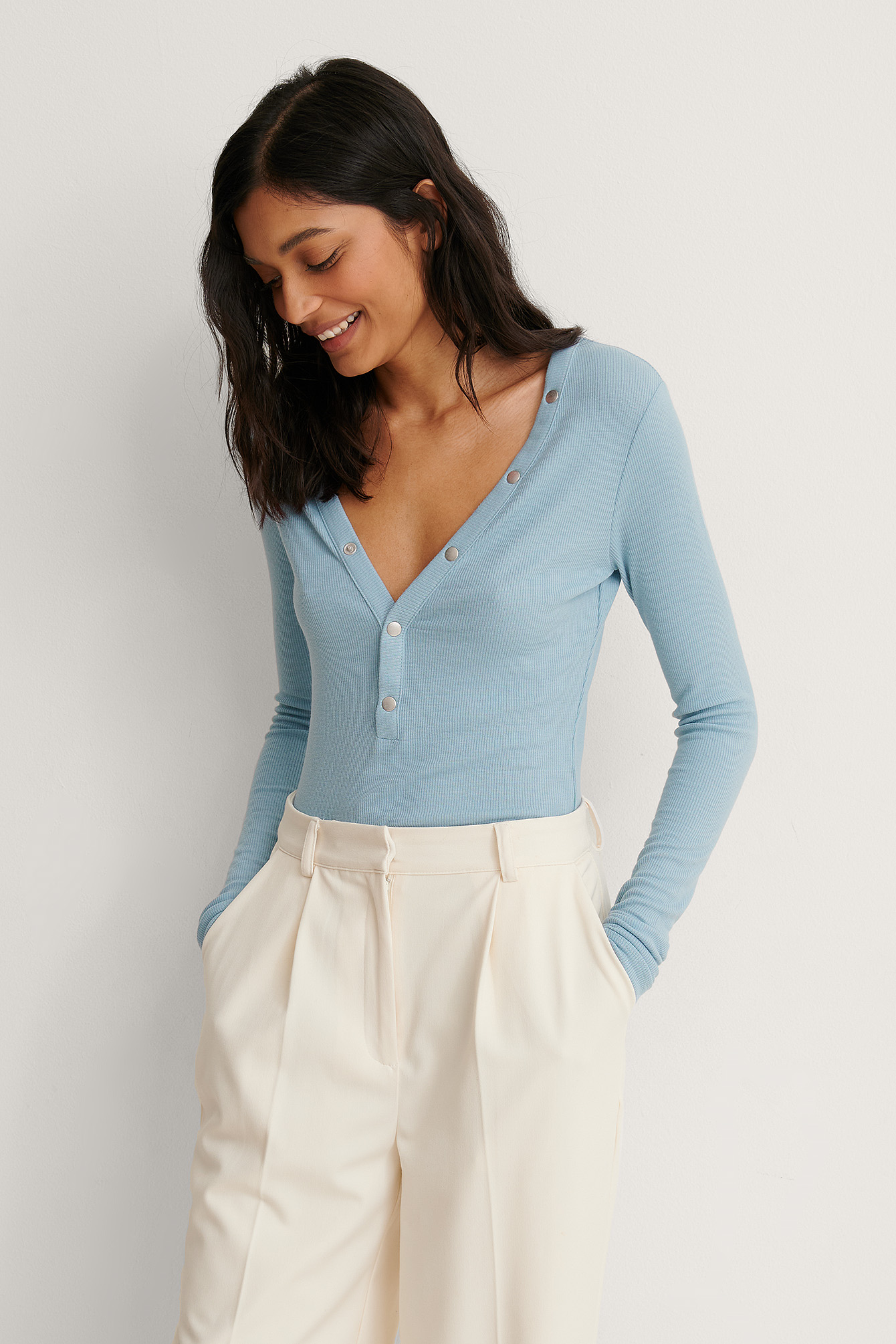 Recycled Press Button Rib Top Blue | NA-KD
